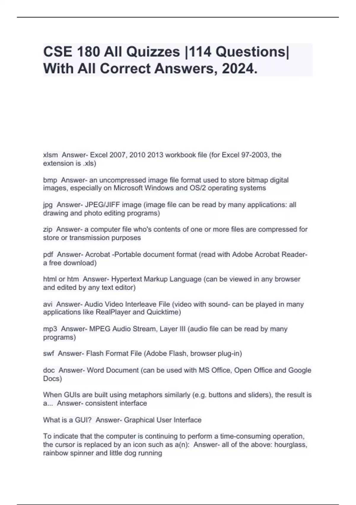 CSE 180 All Quizzes |114 Questions| With All Correct Answers, 2024. - ASU CSE 180 - Stuvia US