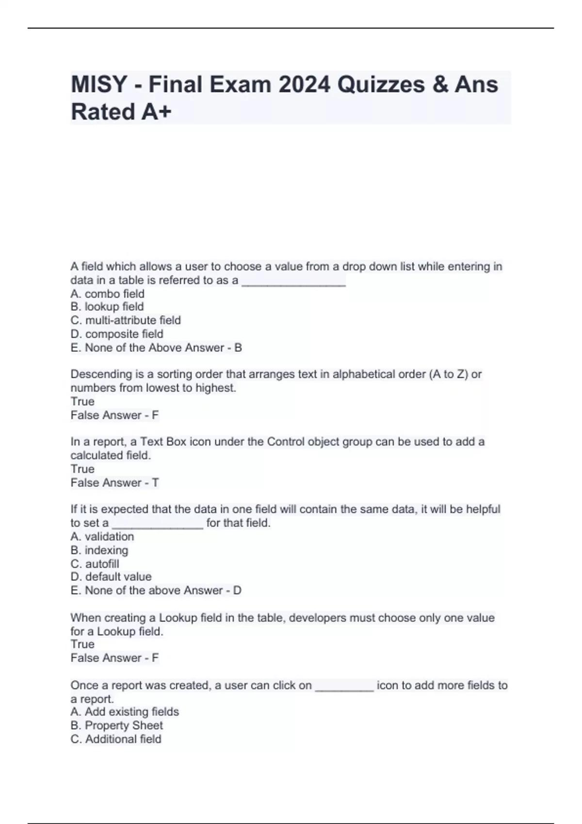 MISY - Final Exam 2024 Quizzes & Ans Rated A+ - MISY - Stuvia US