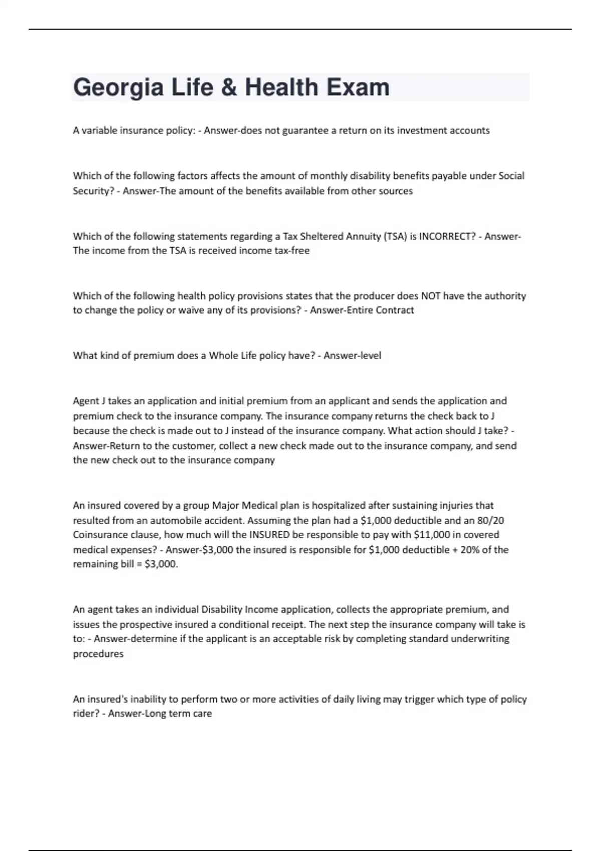 Georgia Life & Health Exam Questions and Answers with complete ...