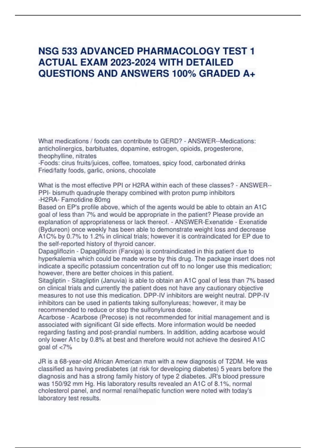 NSG 533 ADVANCED PHARMACOLOGY TEST 1 ACTUAL EXAM WITH DETAILED ...