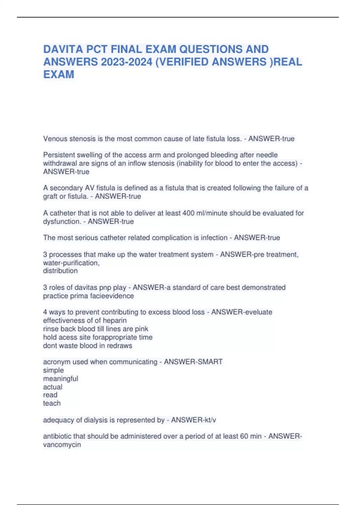 DAVITA PCT FINAL EXAM QUESTIONS AND ANSWERS (VERIFIED ANSWERS )REAL ...