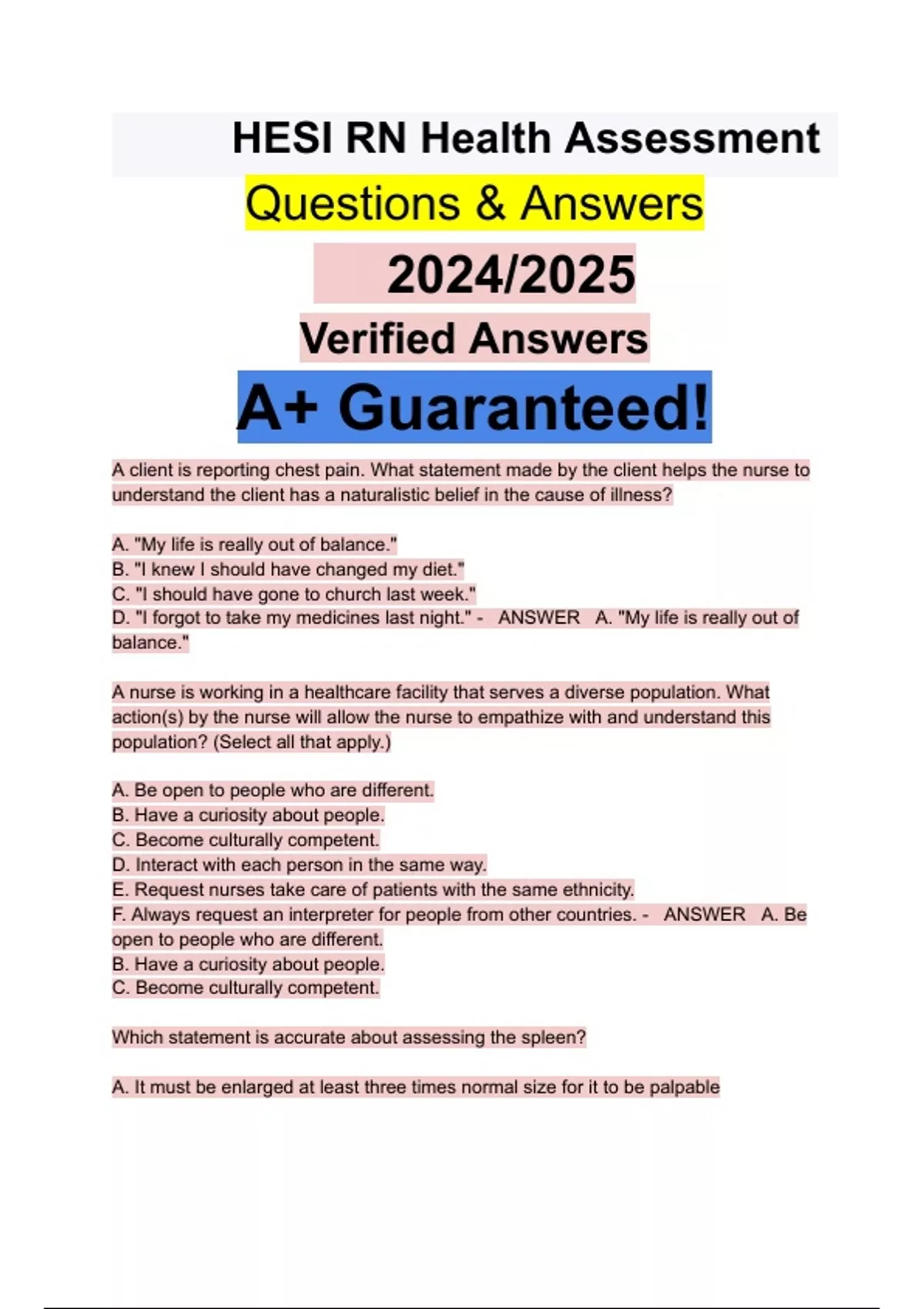 HESI RN Health Assessment Questions & Answers 2024/2025 Verified ...