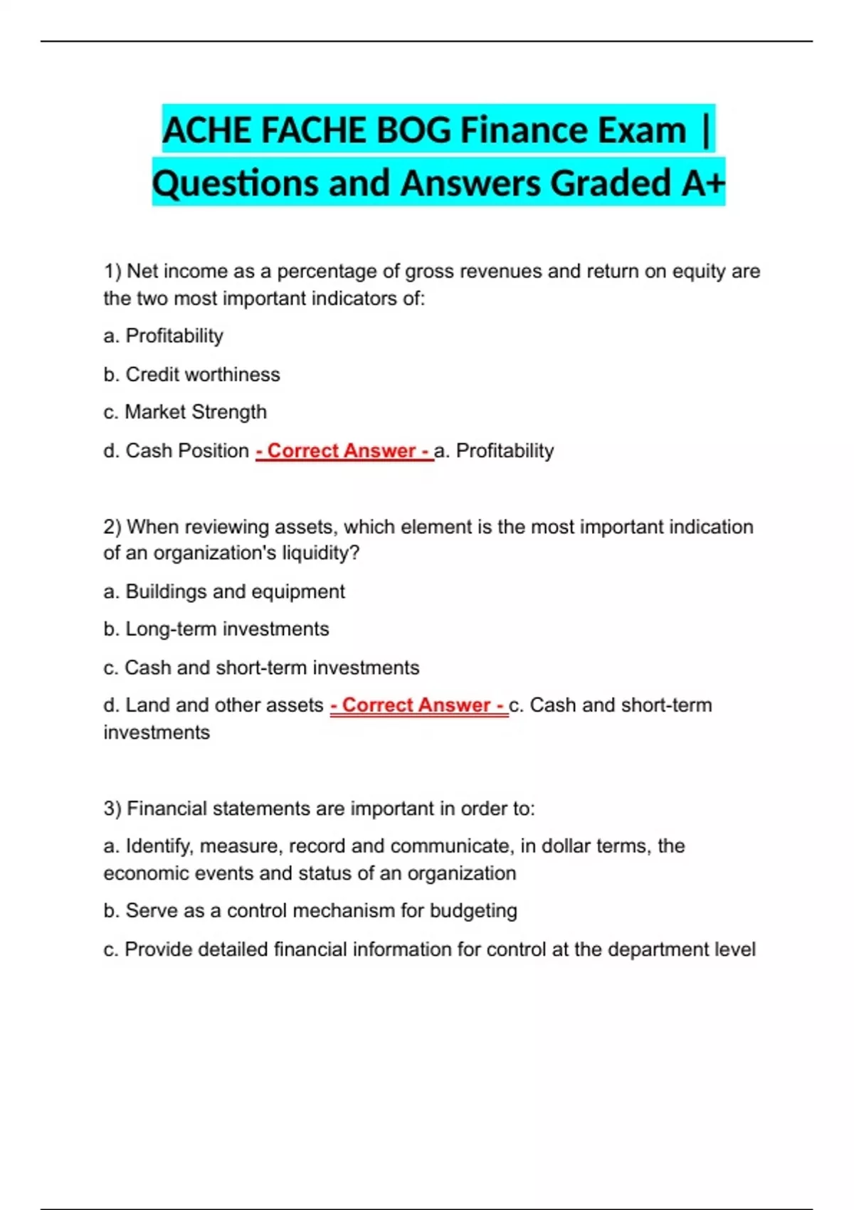 ACHE FACHE BOG Finance Exam | Questions and Answers Graded A+ - ACHE ...