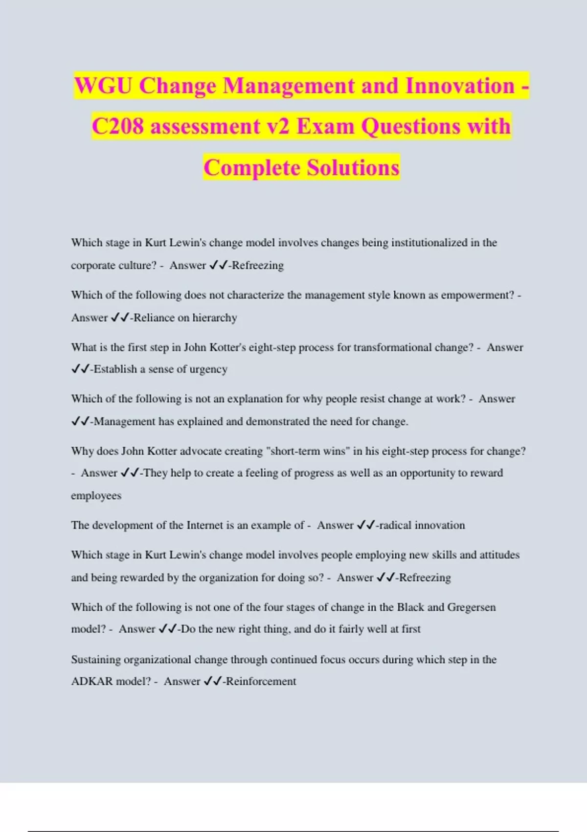 WGU Change Management and Innovation - C208 assessment v2 Exam ...