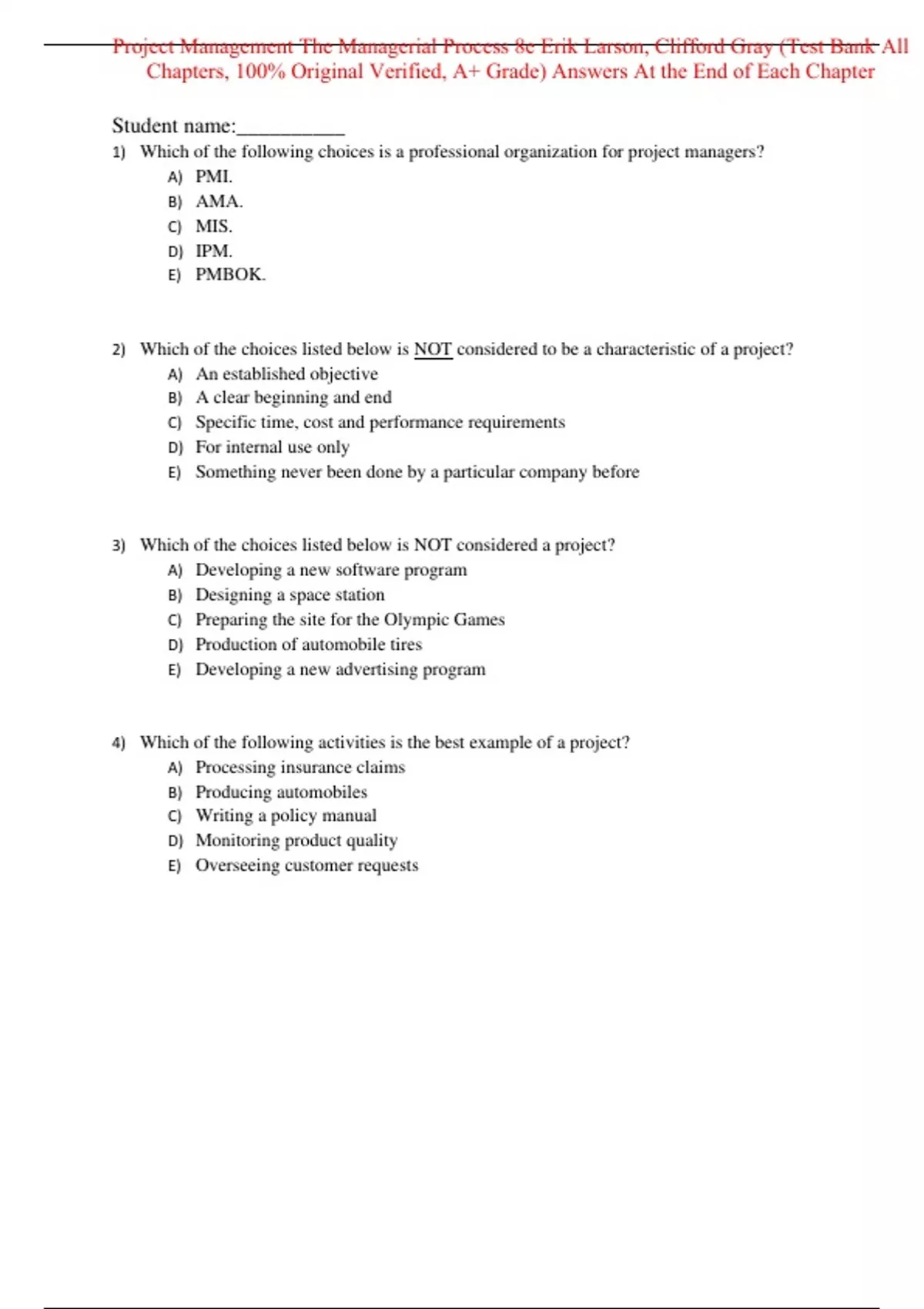 Test Bank For Project Management The Managerial Process 8th Edition By ...