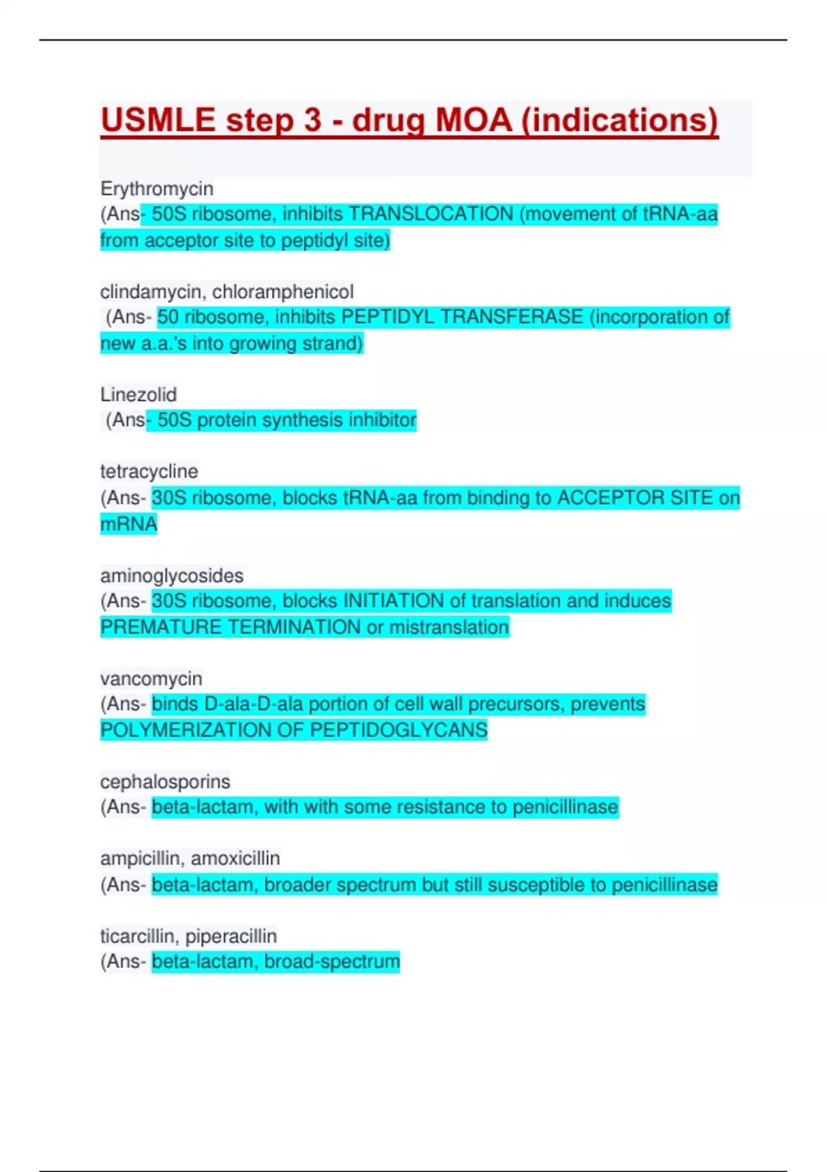 USMLE step 3 - drug MOA (indications): Updated Solution - USMLE - Stuvia US