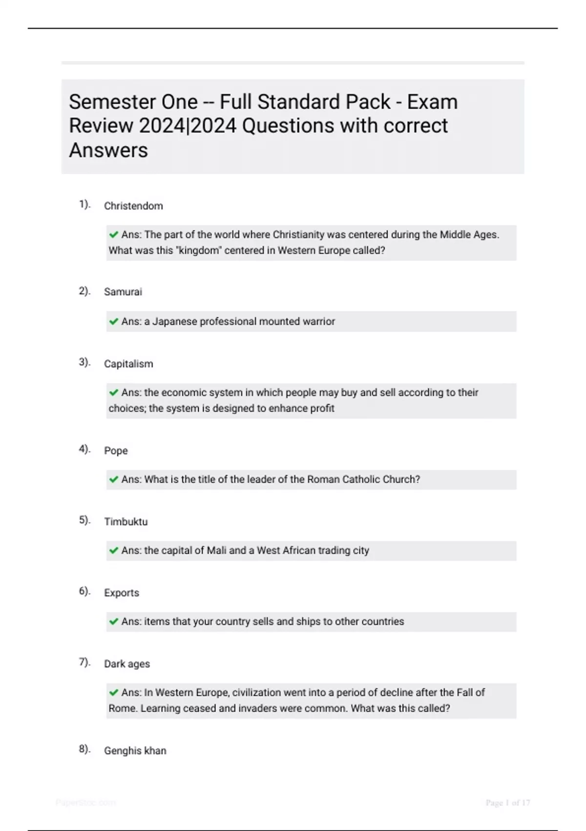 Semester One Full Standard Pack Exam Review Questions with correct ...