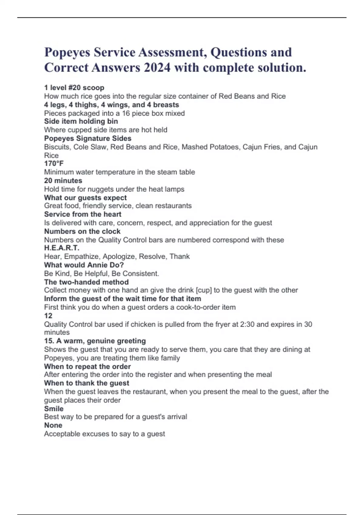 Popeyes Service Assessment, Questions and Correct Answers 2024 with ...