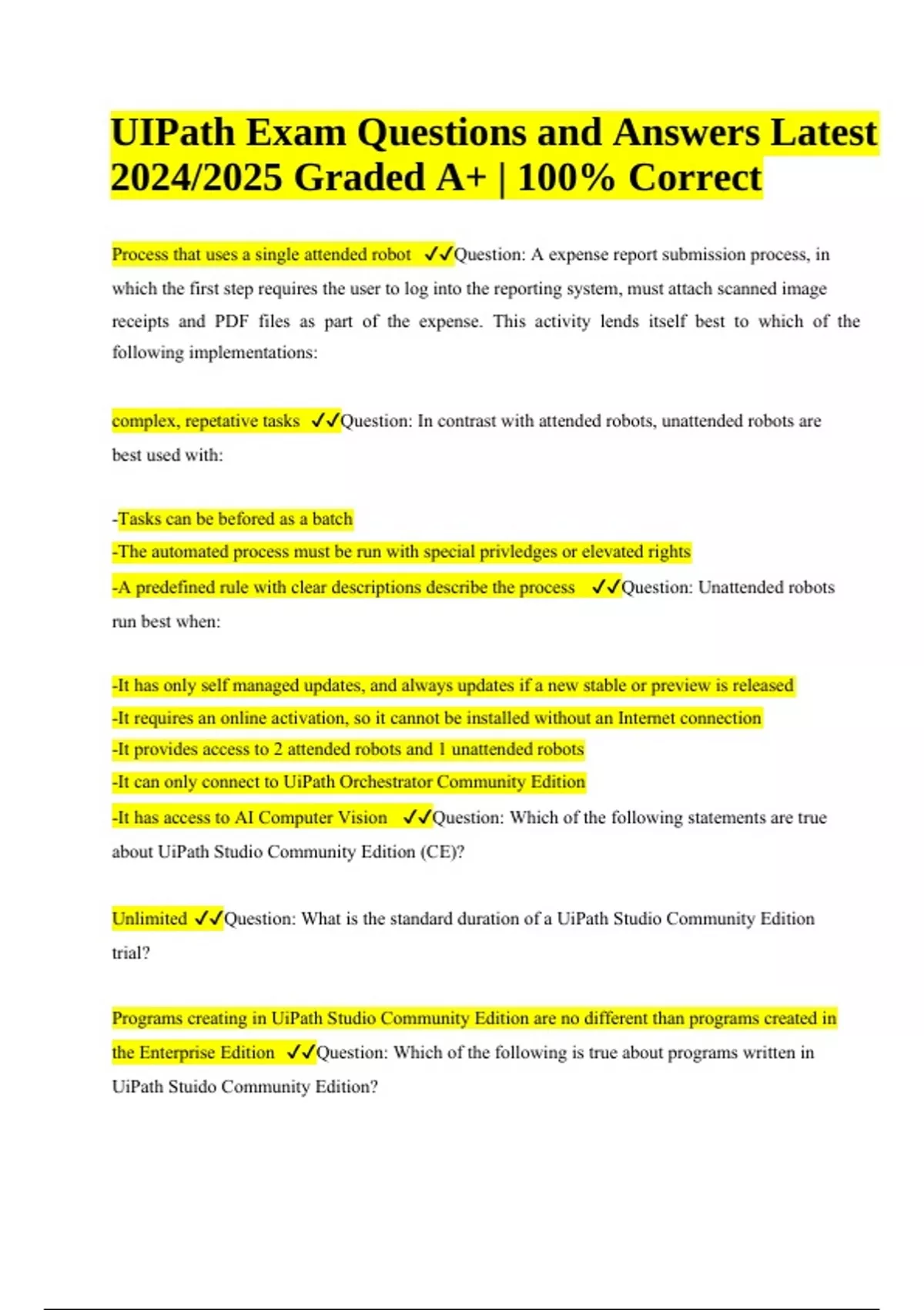 UIPath Exam Questions and Answers Latest 2024/2025 Graded A+ | 100% ...