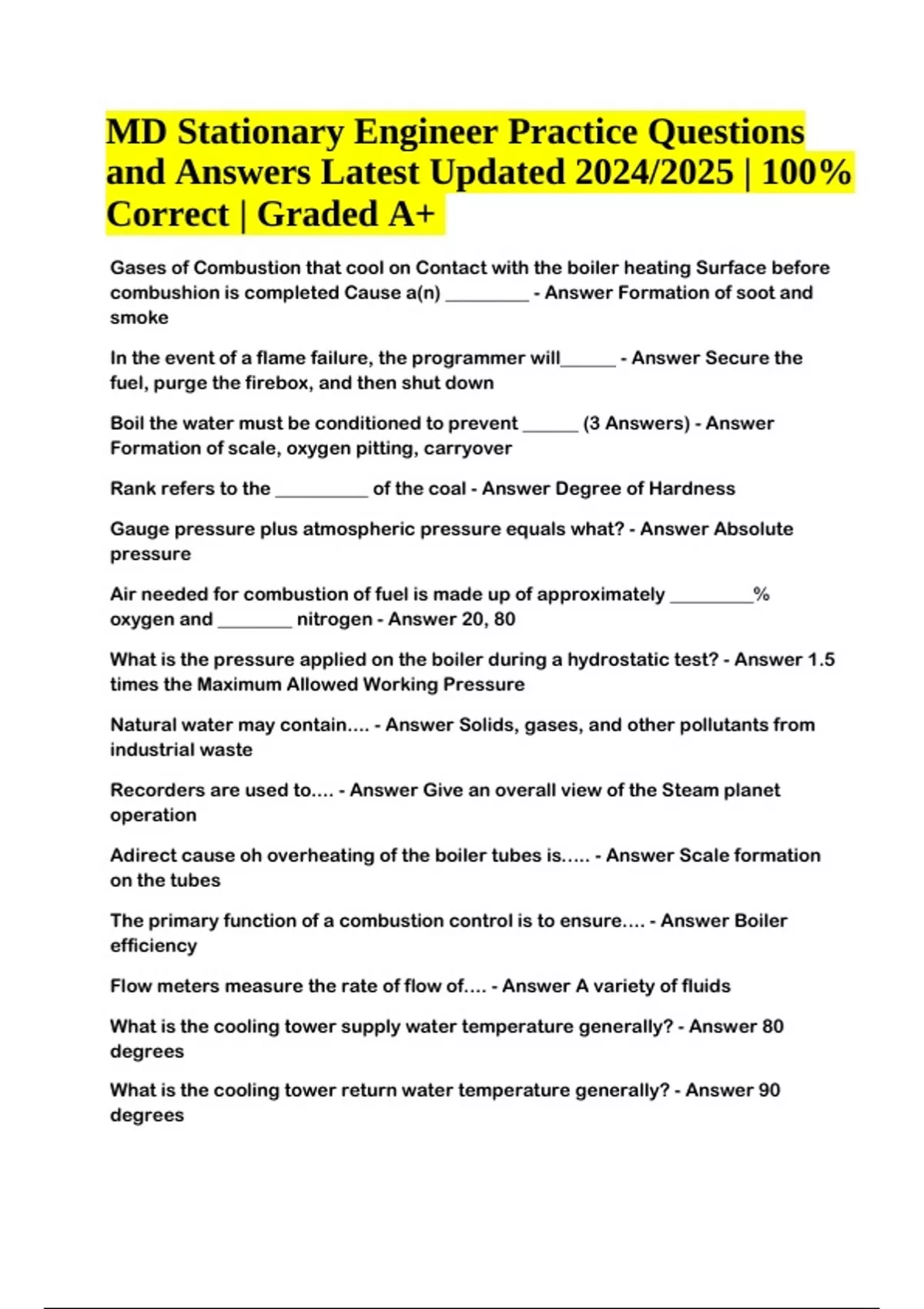 MD Stationary Engineer Practice Questions and Answers Latest Updated ...