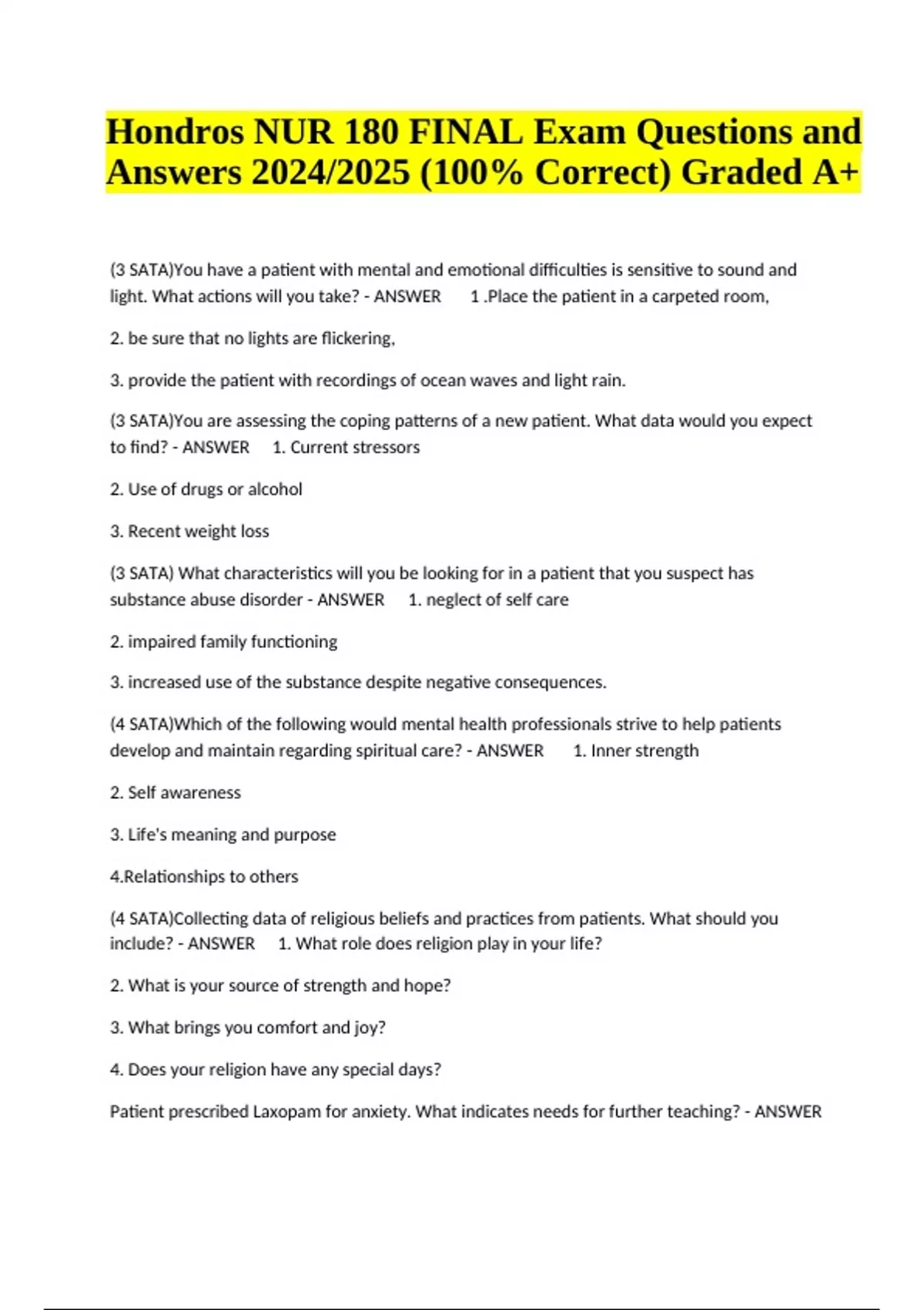 Hondros NUR 180 EXAM Questions and Answers 2024/2025 | Hondros NUR 180 ...