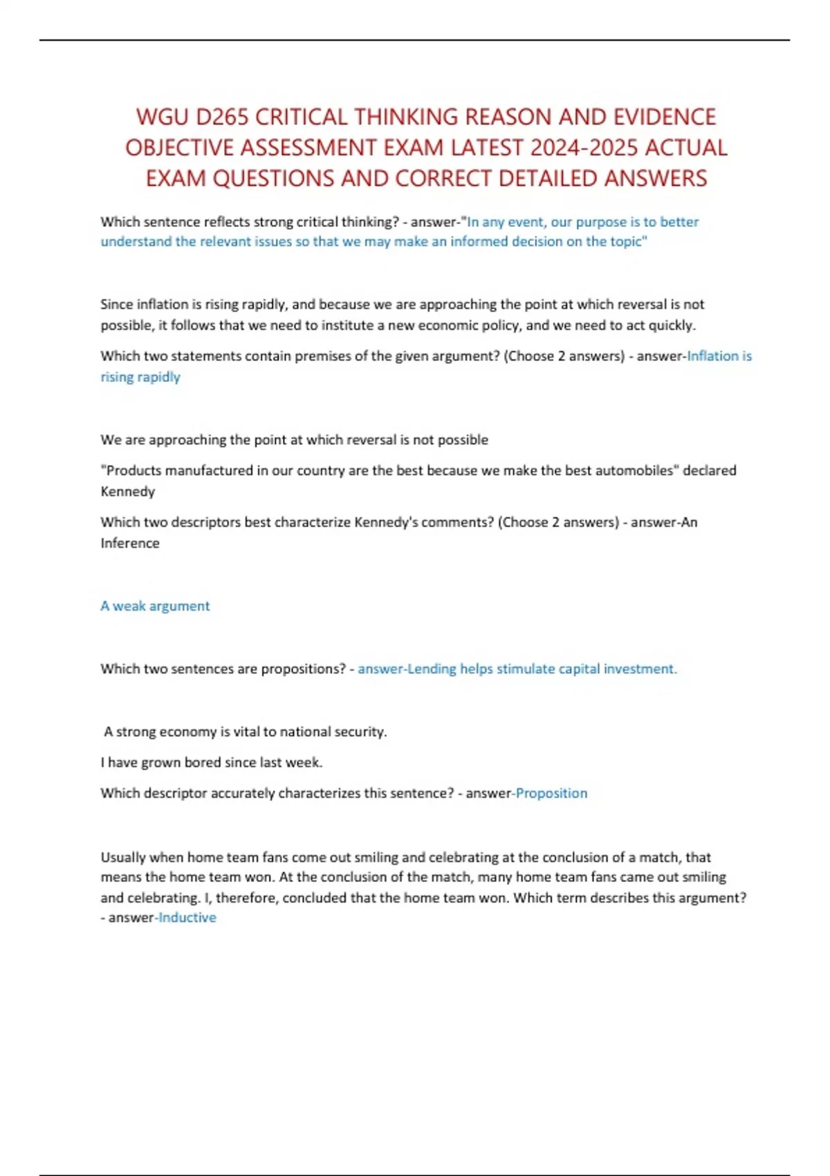 WGU D265 CRITICAL THINKING REASON AND EVIDENCE OBJECTIVE ASSESSMENT ...
