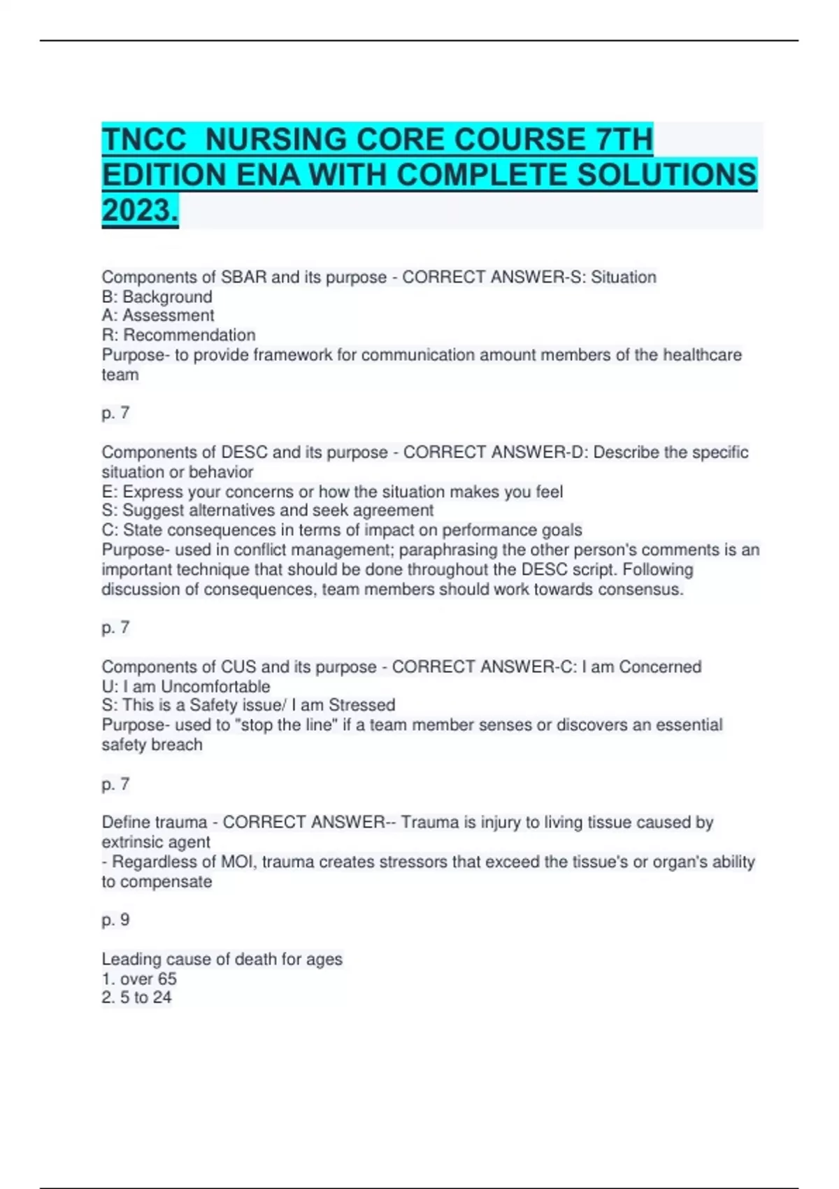 PACKAGE DEAL FOR TNCC 8th Edition 2024 QUESTIONS WITH COMPLETE SOLUTIONS, GRADED A+ - Stuvia US