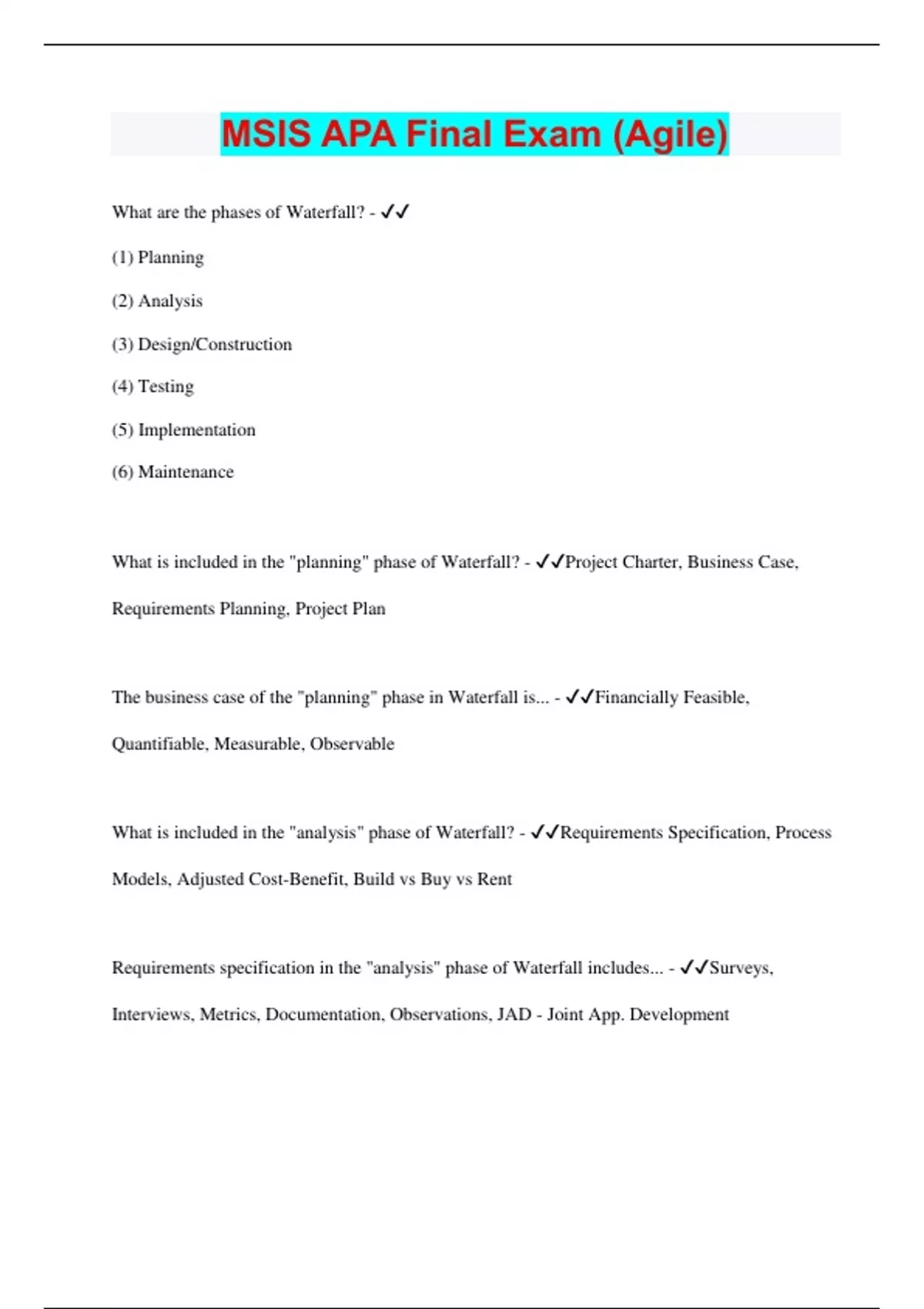 MSIS APA Final Exam (Agile) | Questions with 100% Correct Answers ...