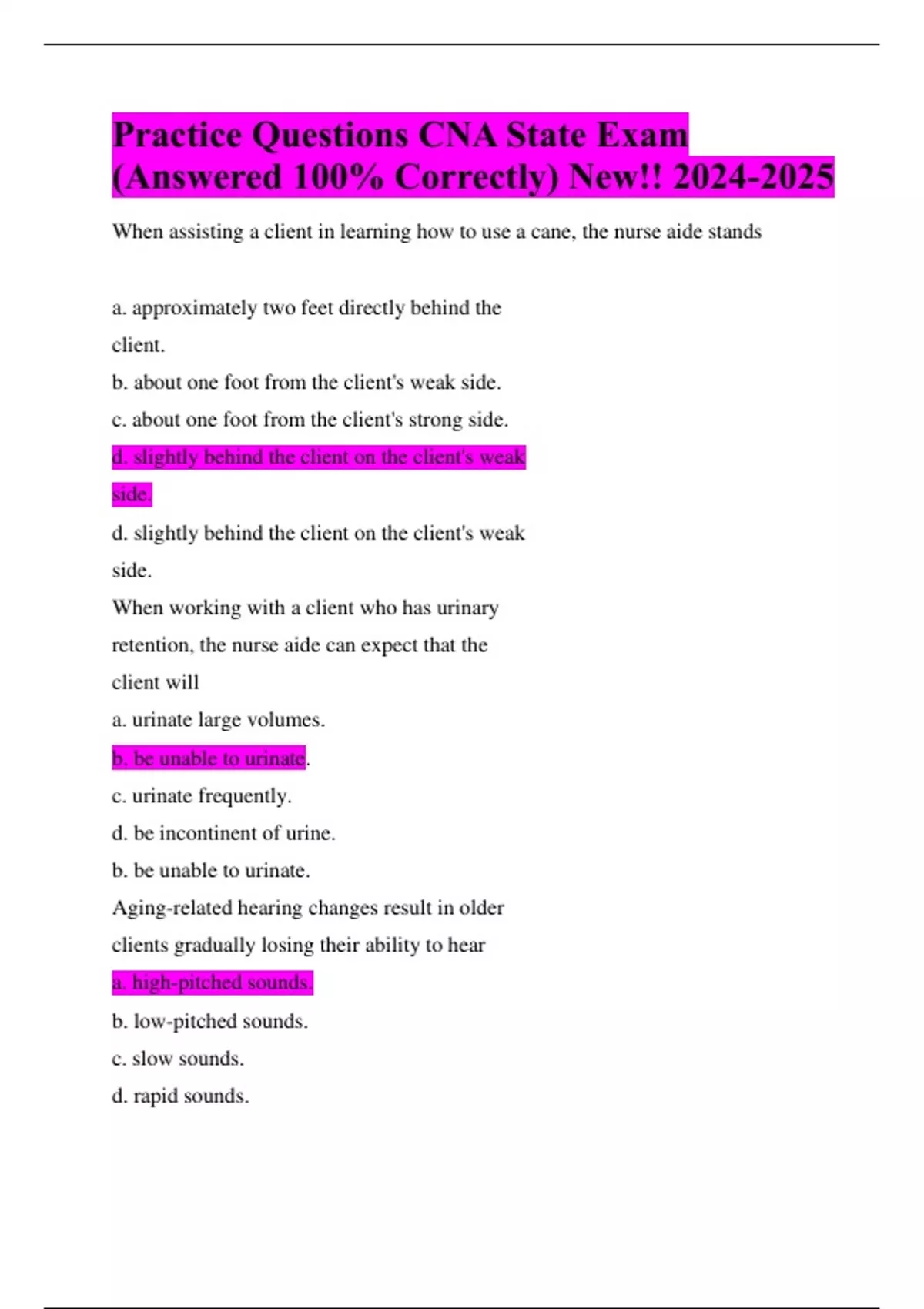 Practice Questions CNA State Exam (Answered 100% Correctly) New!! - CNA ...