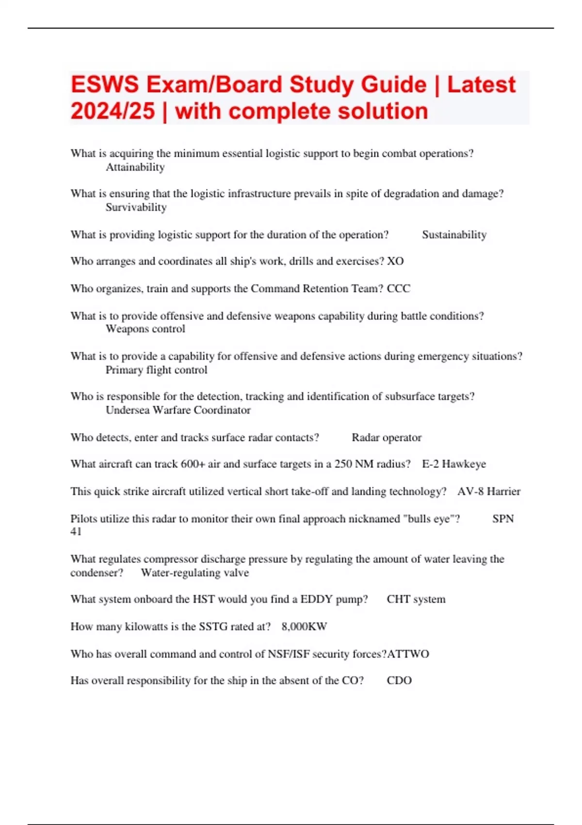 ESWS Exam/Board Study Guide | Latest 2024/25 | with complete solution ...