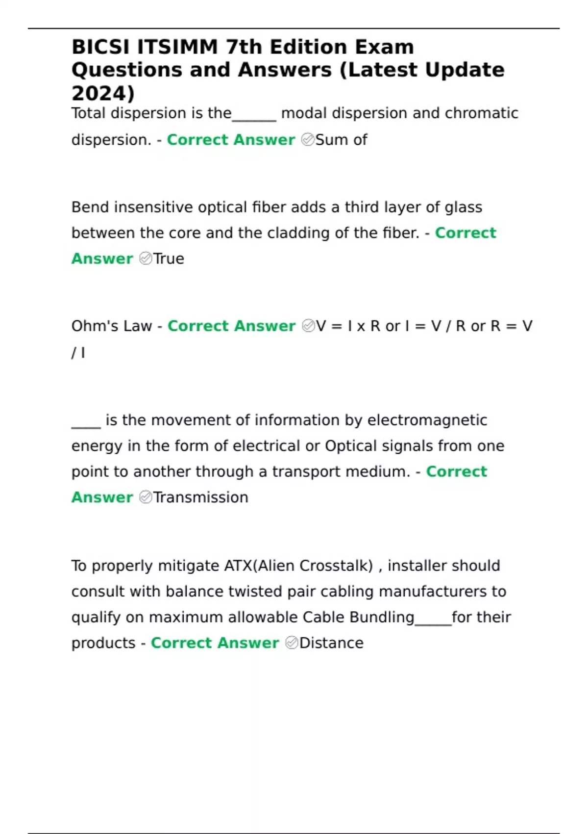 BICSI ITSIMM 7th Edition Exam Questions and Answers (Latest Update 2024 ...