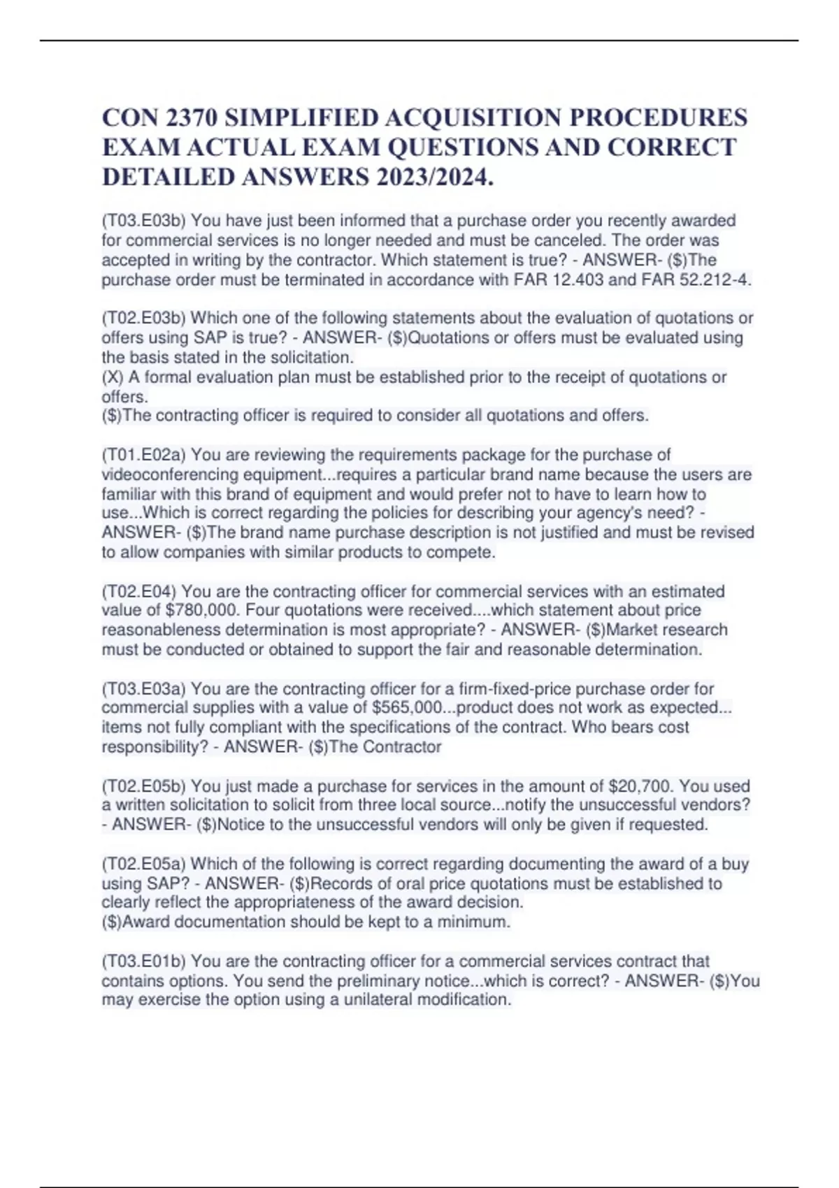 CON 2370 SIMPLIFIED ACQUISITION PROCEDURES EXAM ACTUAL EXAM QUESTIONS ...