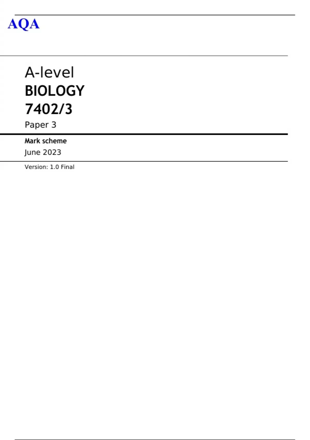AQA A LEVEL BIOLOGY PAPER 3 MARKING SCHEME 2025. ORIGINAL PAPER - AQA A ...