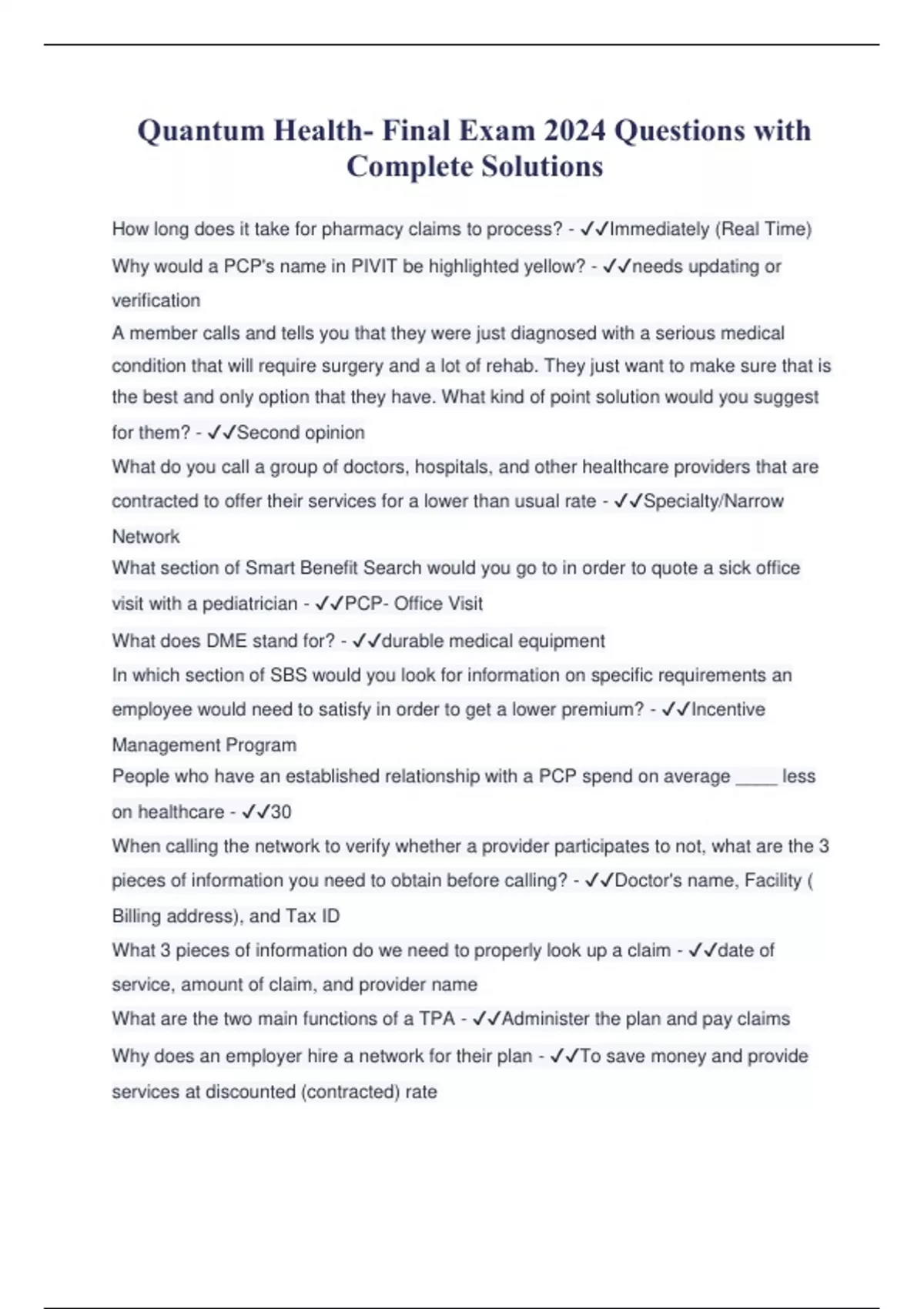 Quantum Health- Final Exam 2024 Questions with Complete Solutions ...