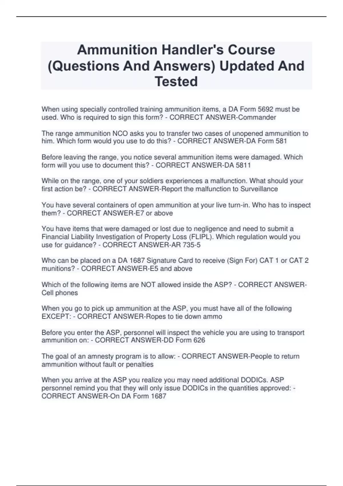 Ammunition Handler's Course (Questions And Answers) Updated And Tested ...