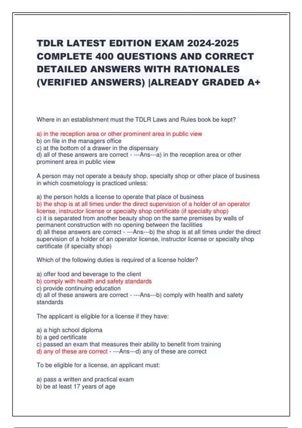 TDLR LATEST EDITION EXAM COMPLETE 400 QUESTIONS AND CORRECT DETAILED ...