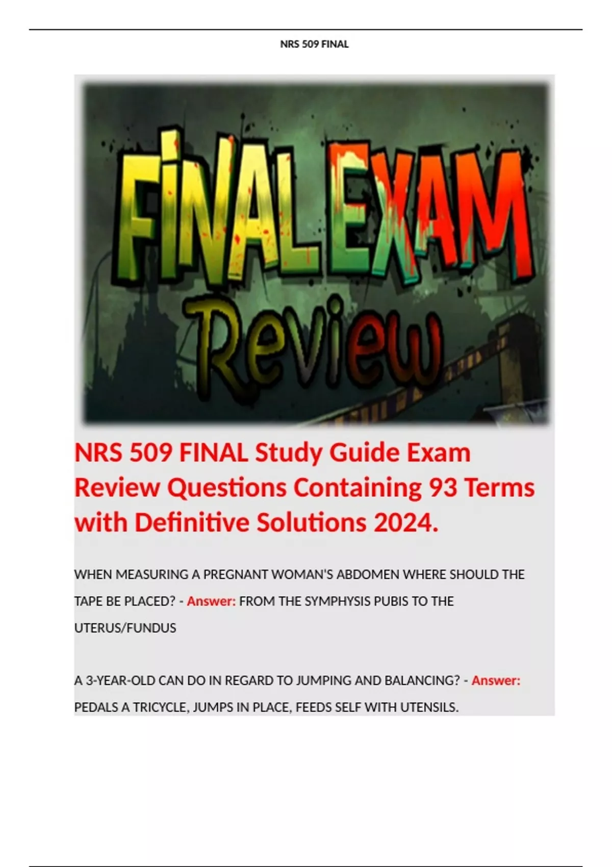 NRS 509 FINAL Study Guide Exam Review Questions Containing 93 Terms ...