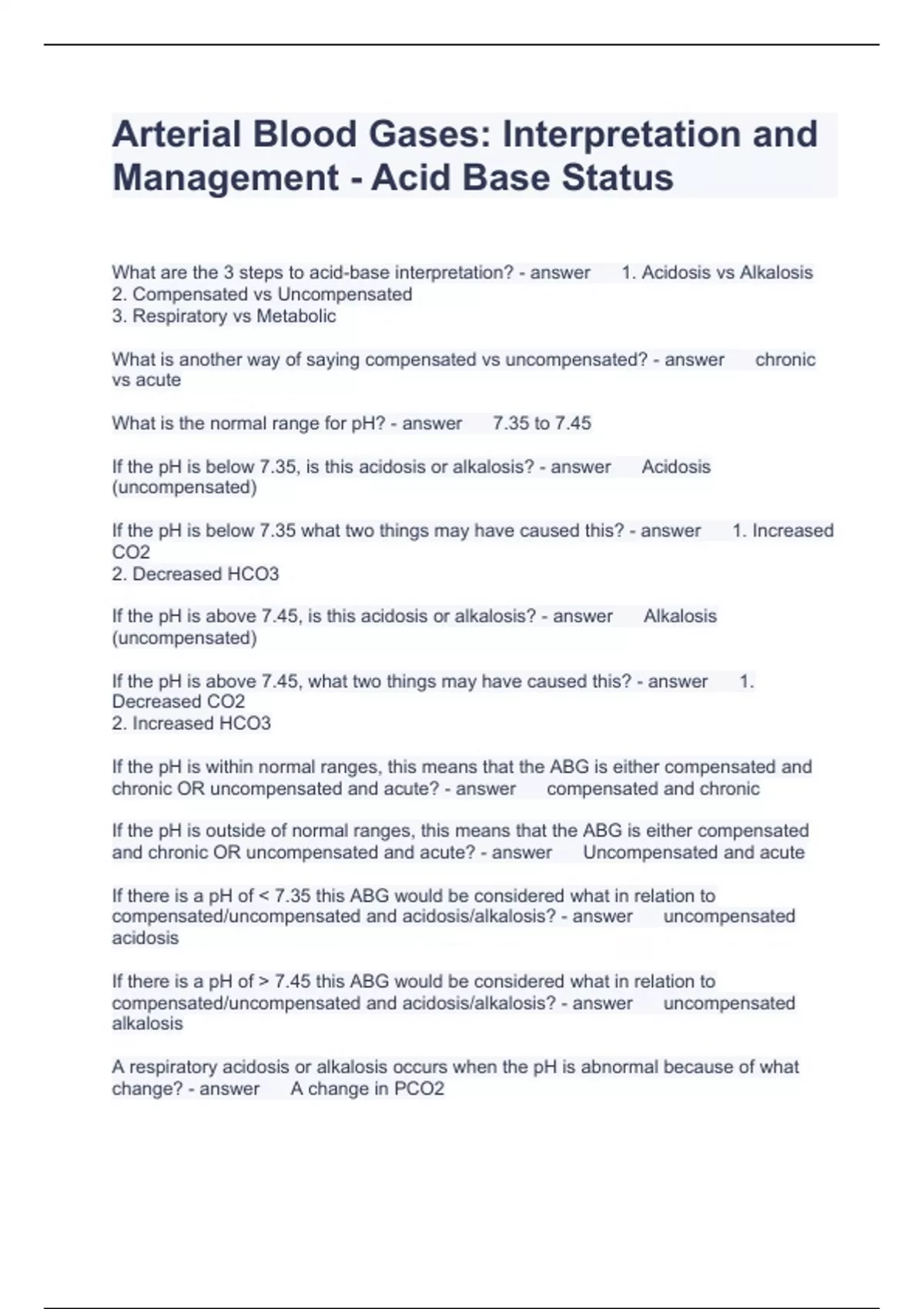 Arterial Blood Gases. Interpretation and Management - Acid Base Status ...