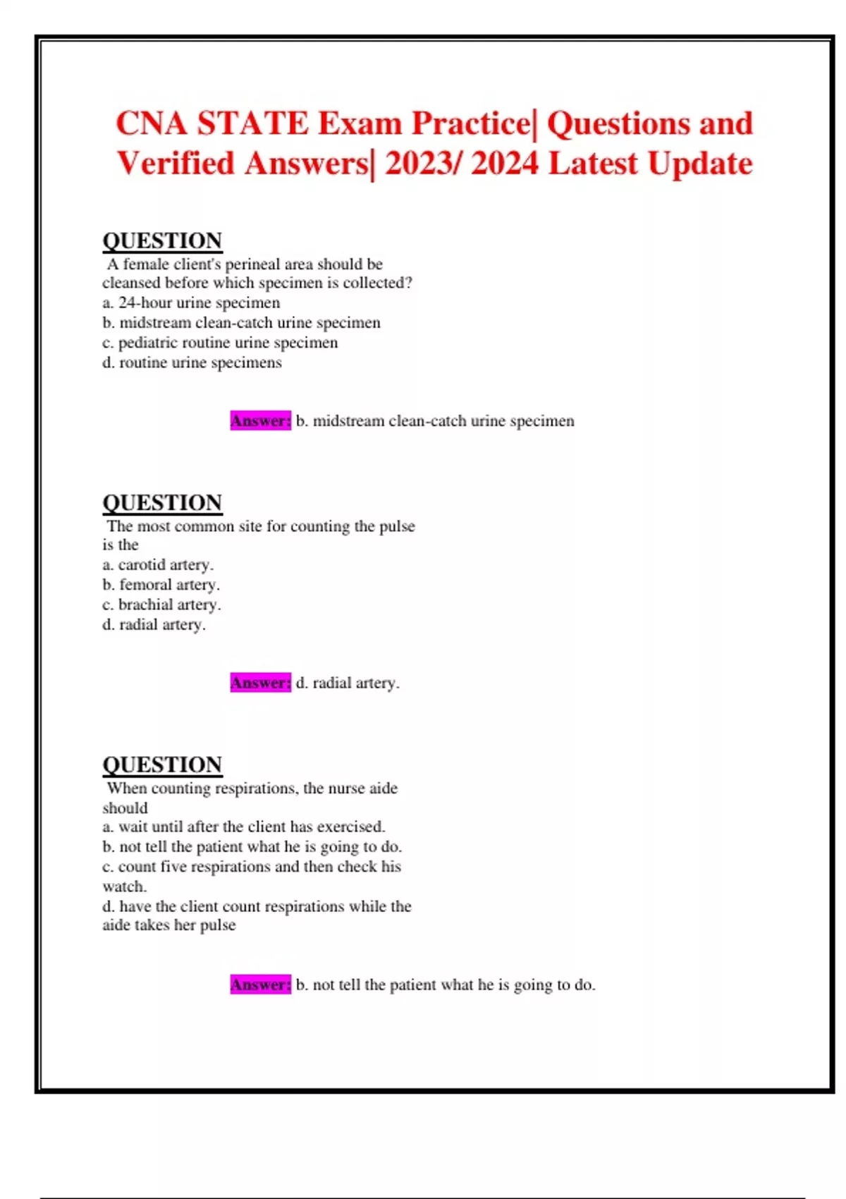 CNA STATE Exam Practice| Questions and Verified Answers| 2023/ 2024 ...
