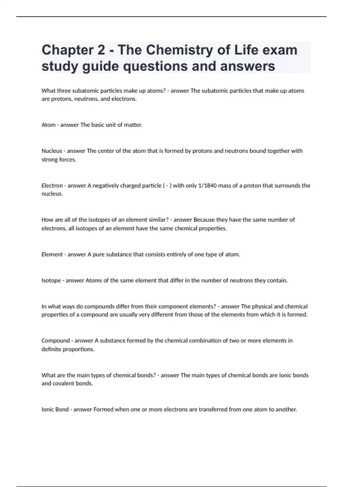 Chapter 2 - The Chemistry of Life exam study guide questions and answers - Chemistry of Life ...