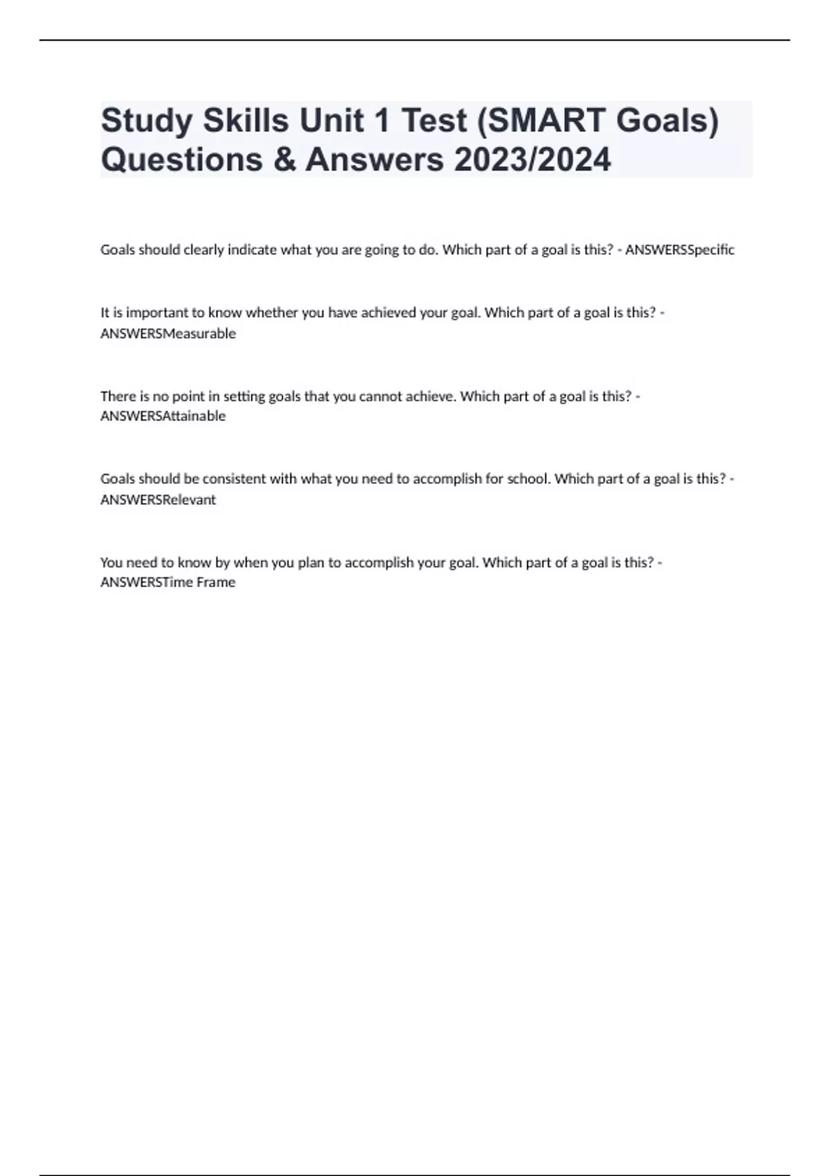 Study Skills Unit 1 Test (SMART Goals) Questions & Answers 2023/2024 ...