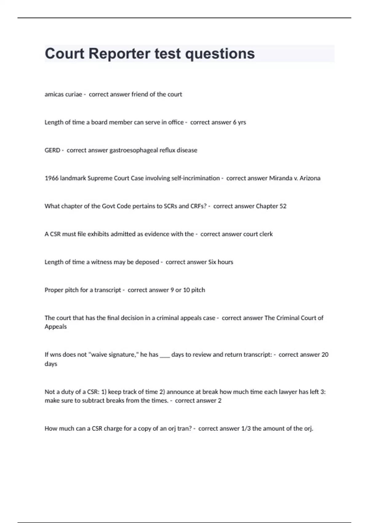 Court Reporter test questions with correct solutions - Texas Court ...
