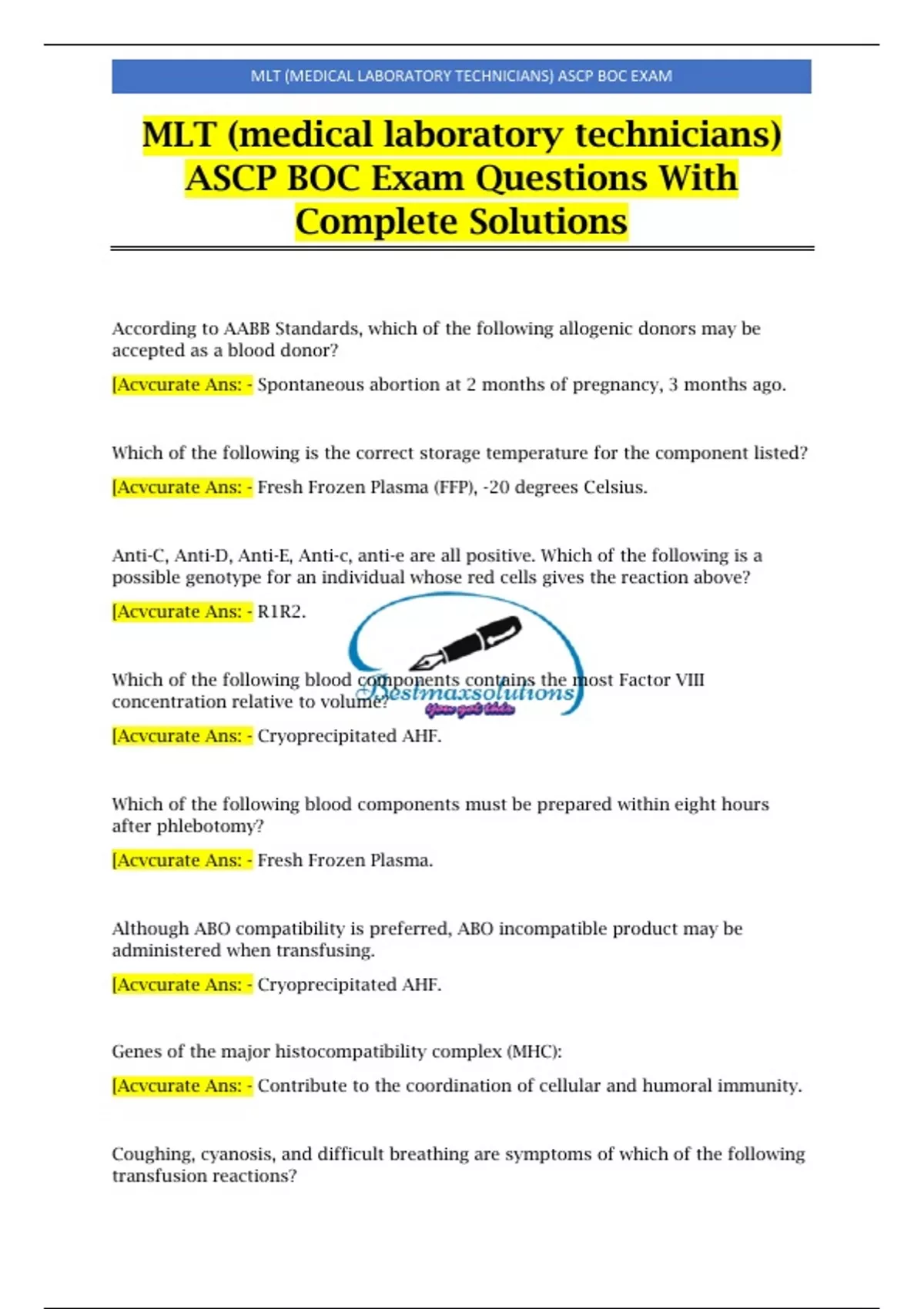 MLT (medical laboratory technicians) ASCP BOC Exam Questions With ...