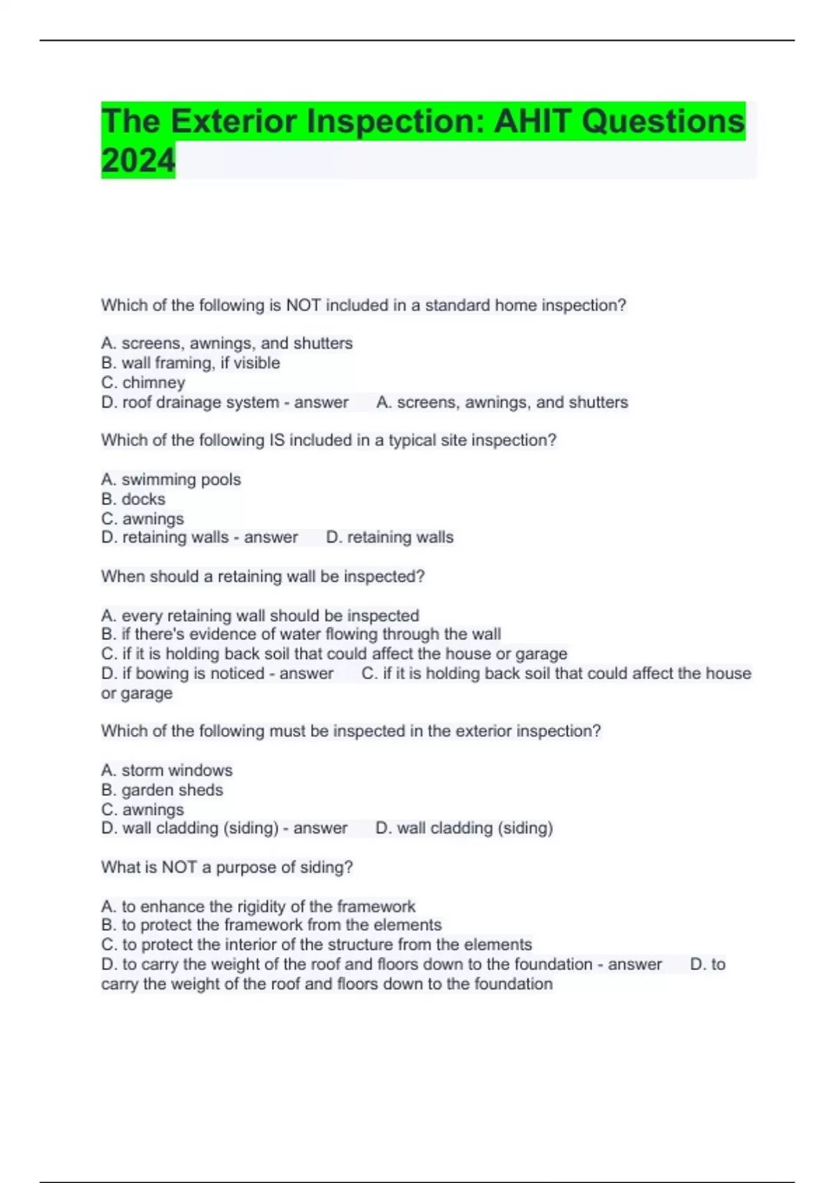 The Exterior Inspection: AHIT Questions 2024 - AHIT - Stuvia US