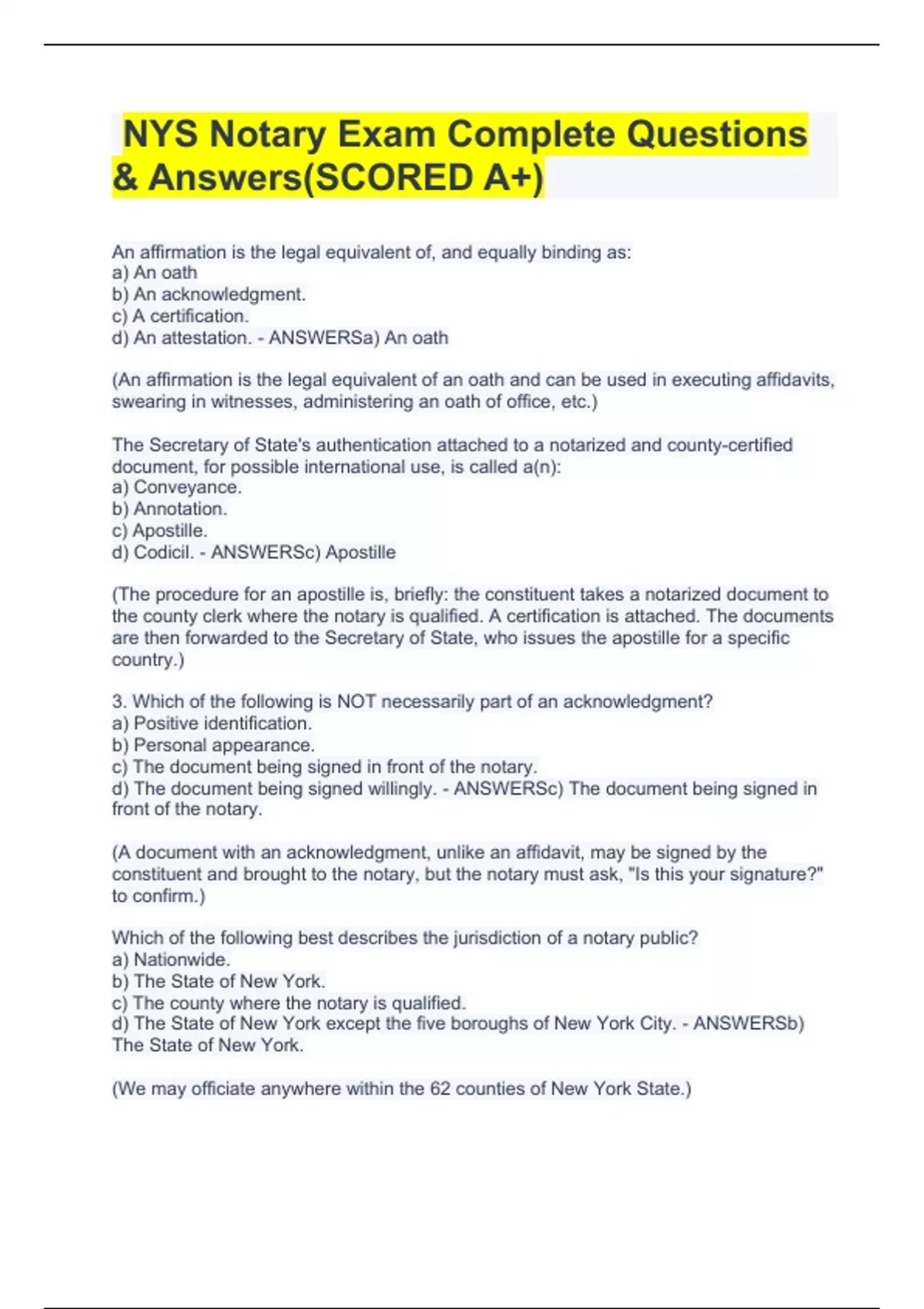 NYS Notary Exam Complete Questions & Answers(SCORED A+) - NYS Notary ...