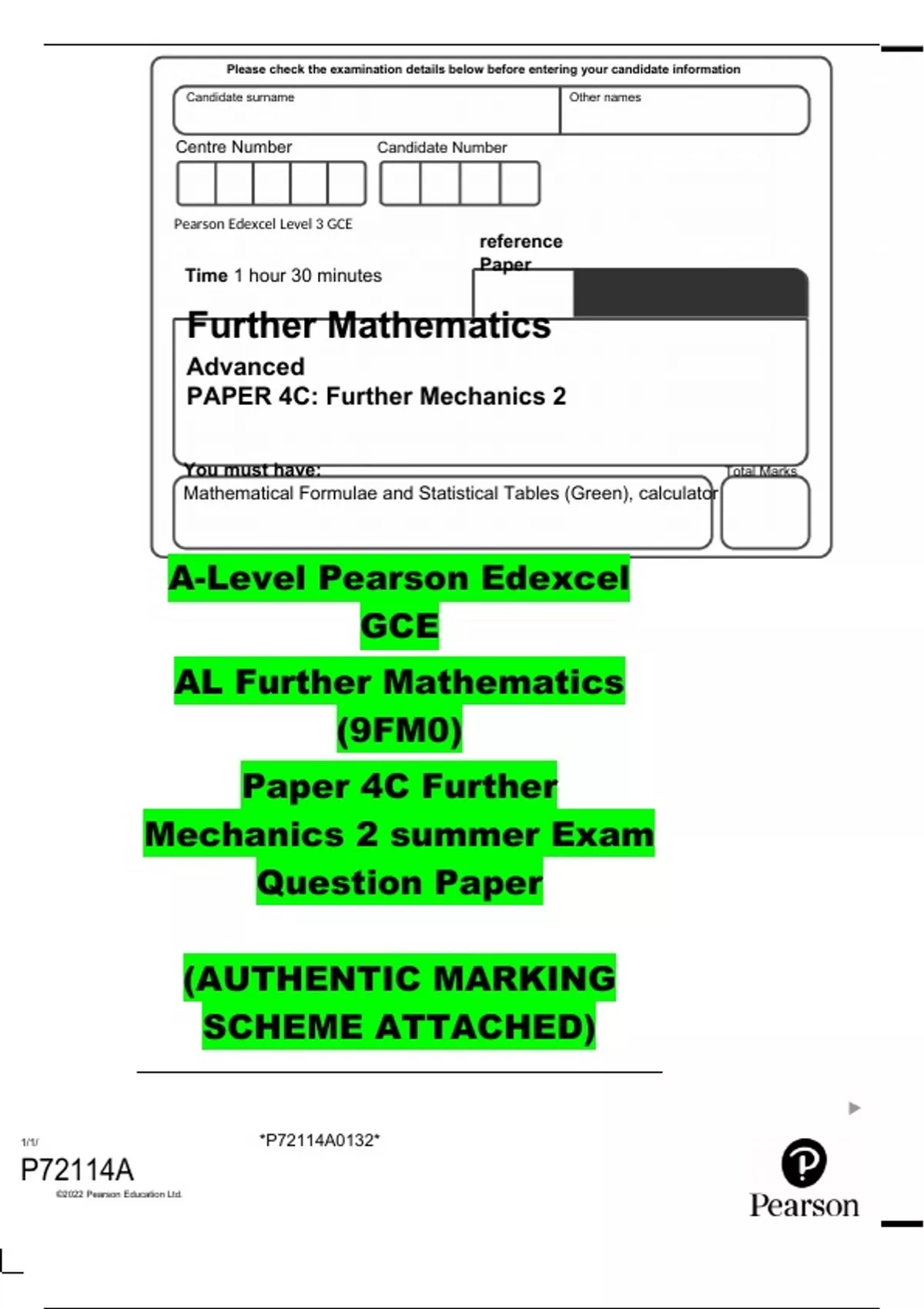 A-Level Pearson Edexcel GCE AL Further Mathematics (9FM0) 2024 Paper 4C Further Mechanics 2 ...