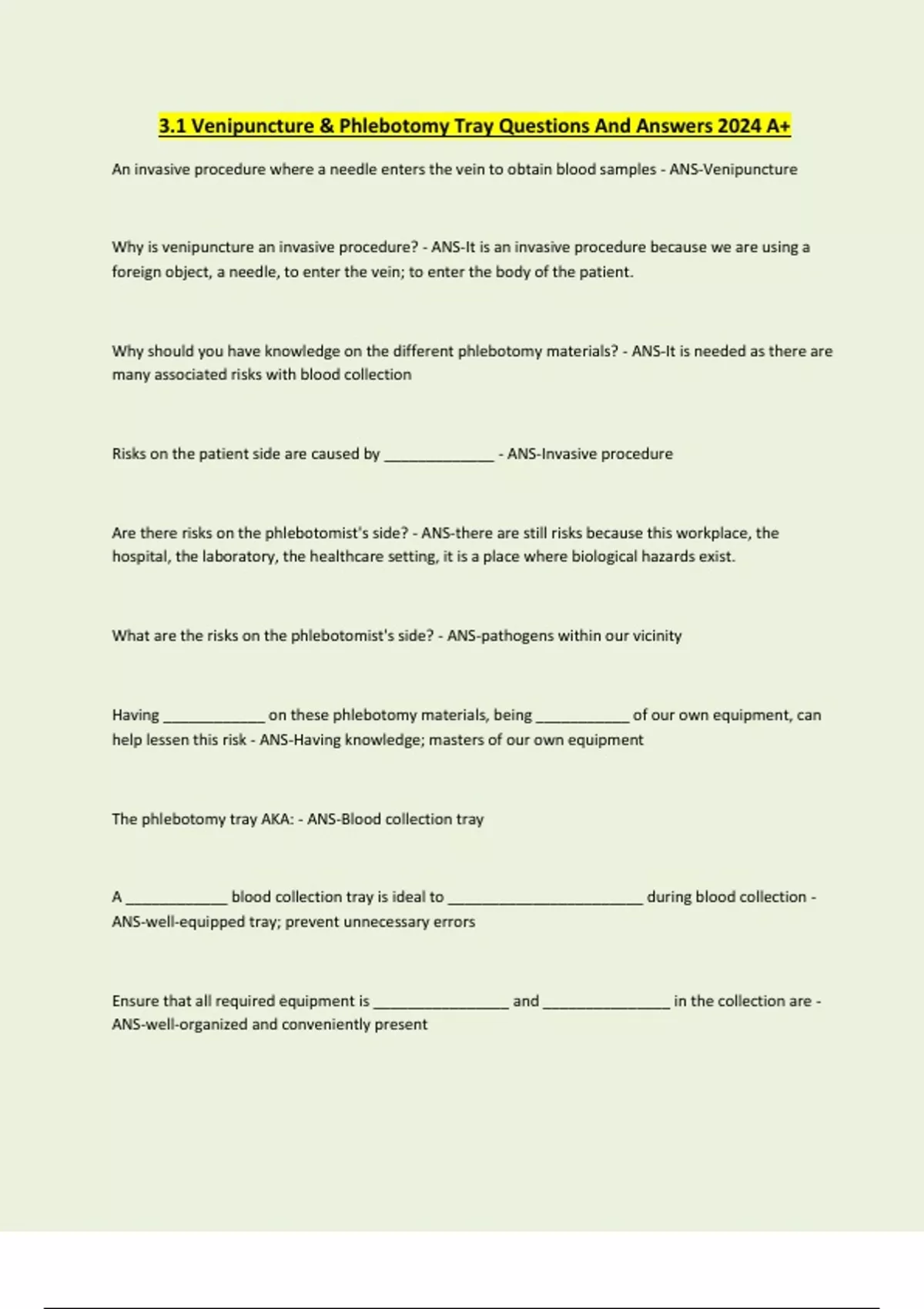3.1 Venipuncture & Phlebotomy Tray Questions And Answers 2024 A+ - 3.1 ...