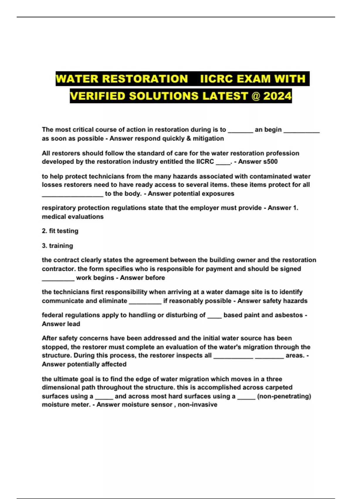 WATER RESTORATION IICRC EXAM WITH VERIFIED SOLUTIONS LATEST @ 2024 ...