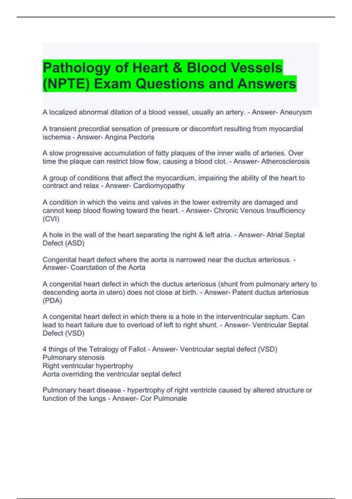 Pathology of Heart & Blood Vessels (NPTE) Exam Questions and Answers ...