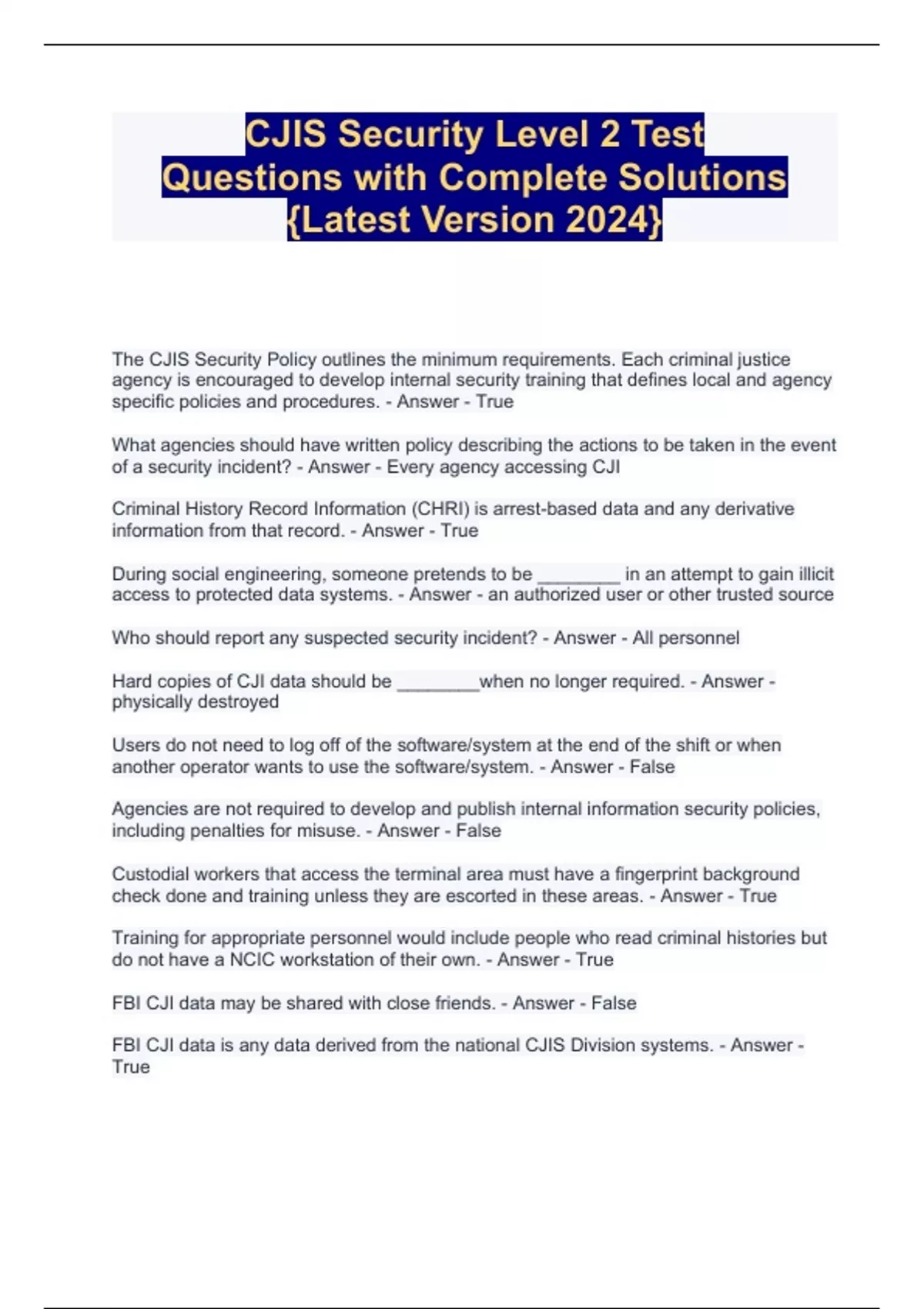 CJIS Security Level 2 Test Questions with Complete Solutions {Latest ...