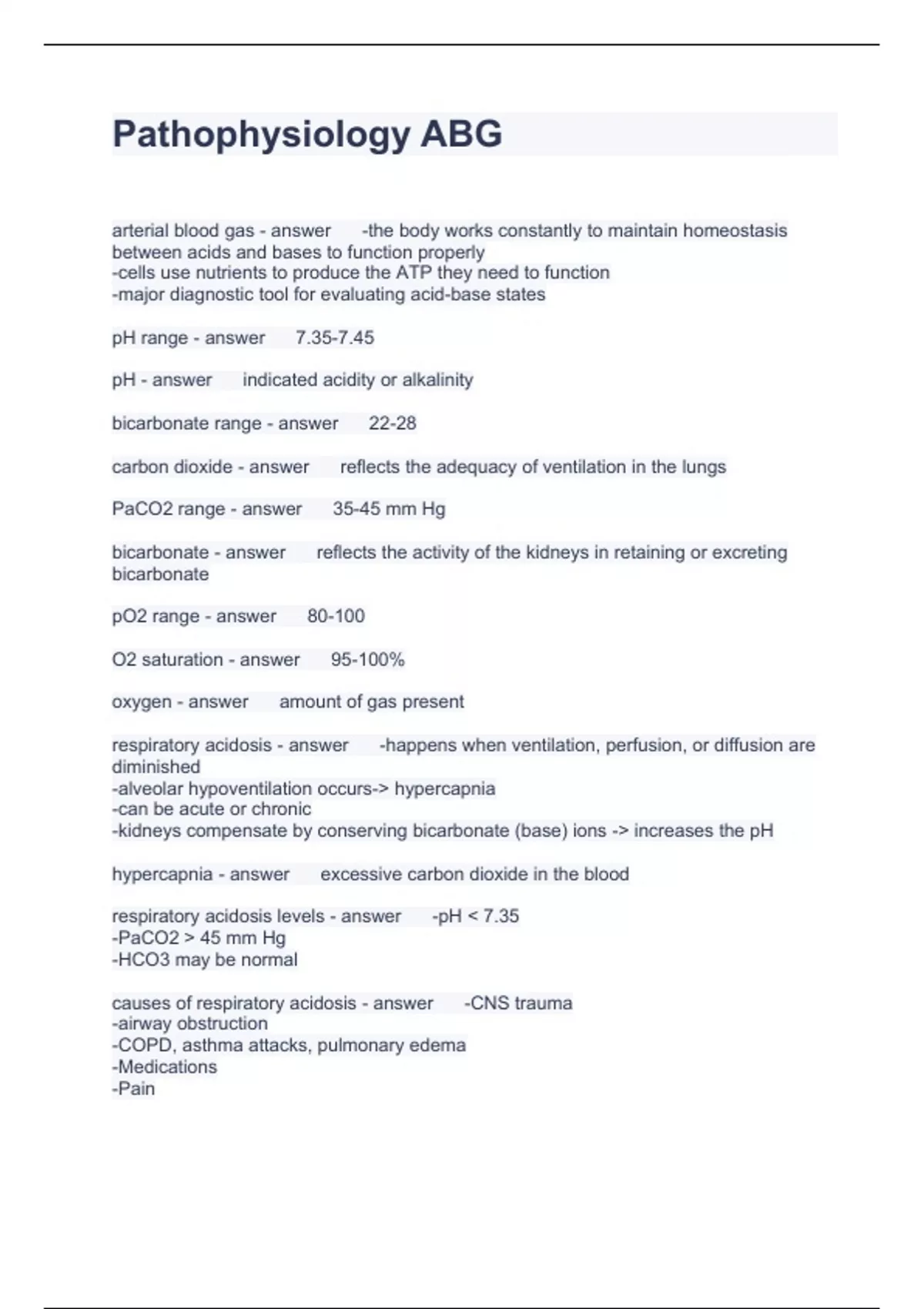 Pathophysiology ABG Questions and Answers 2024 - ABG - Stuvia US