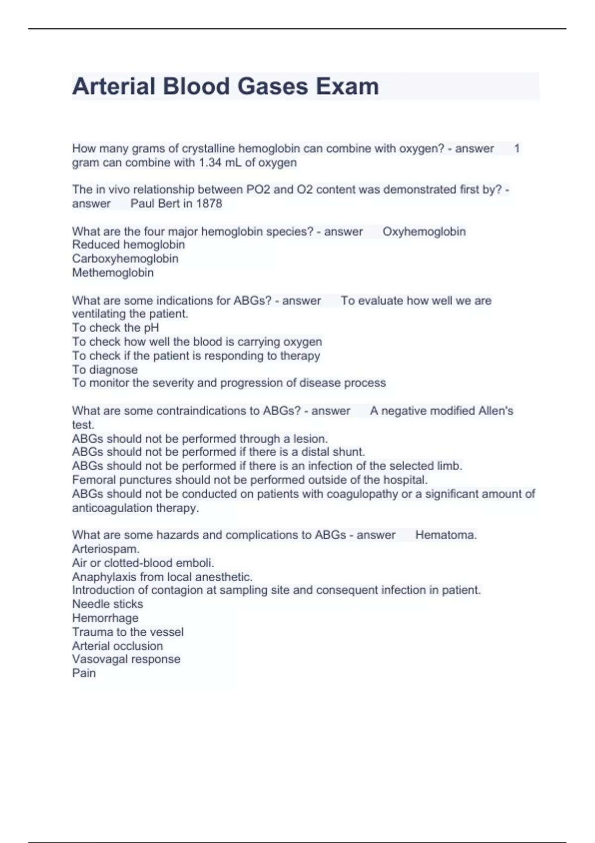 Arterial Blood Gases Exam Questions and Answers Fully solved - ABG ...