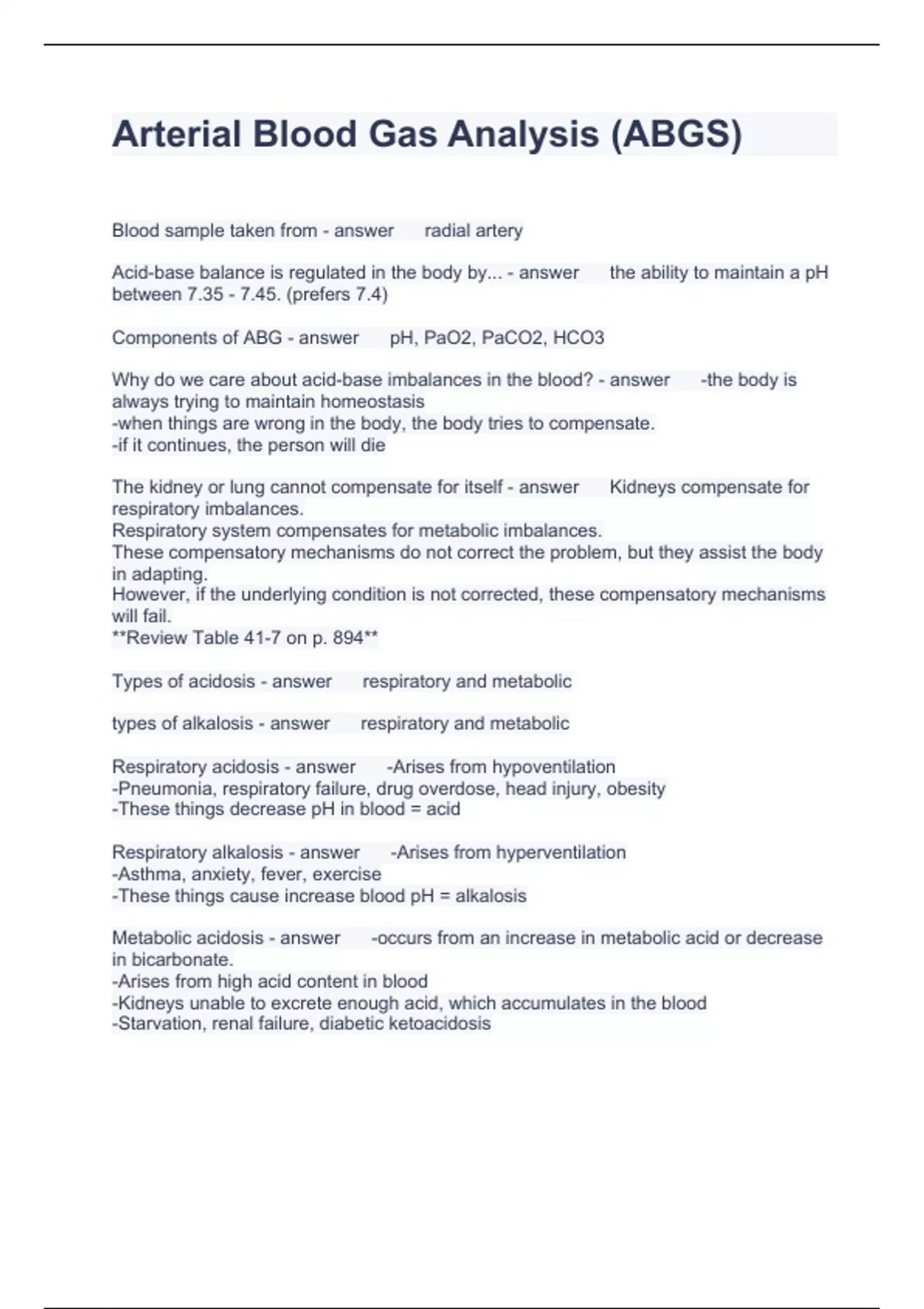 Arterial Blood Gas Analysis (ABGS) Questions and Answers 2024 - ABG ...