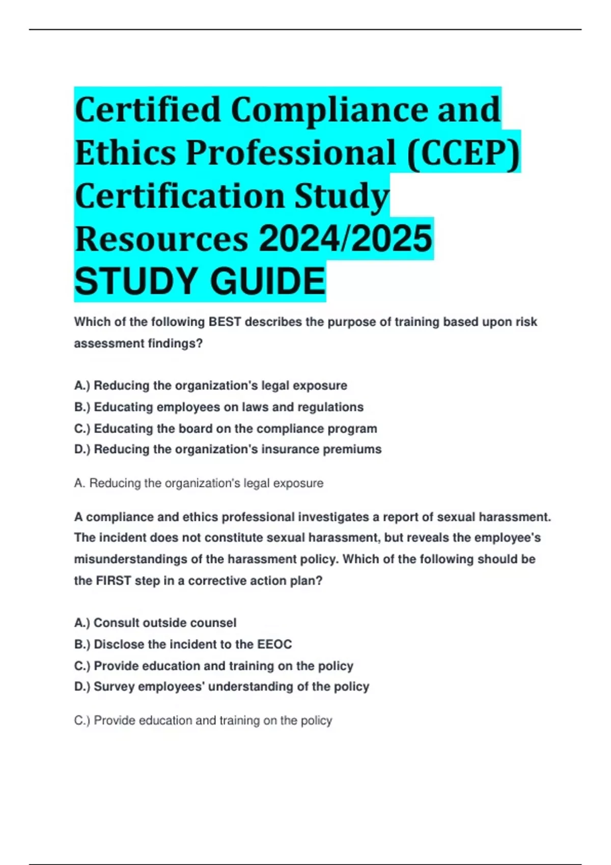 BEST ANSWERS Certified Compliance and Ethics Professional (CCEP ...