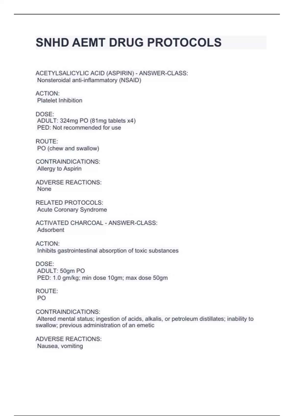 SNHD AEMT DRUG PROTOCOLS - SNHD AEMT DRUG PROTOCOLS - Stuvia US