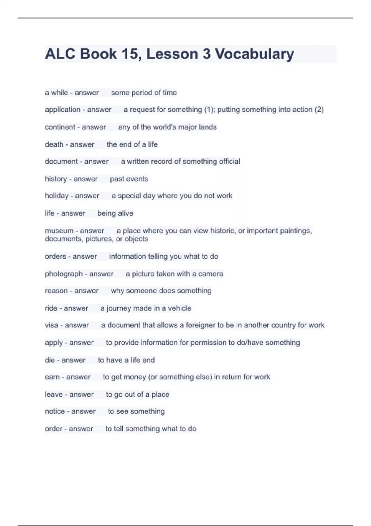 ALC Book 15, Lesson 3 Vocabulary Questions and Answers 2024 - ALC - Stuvia US