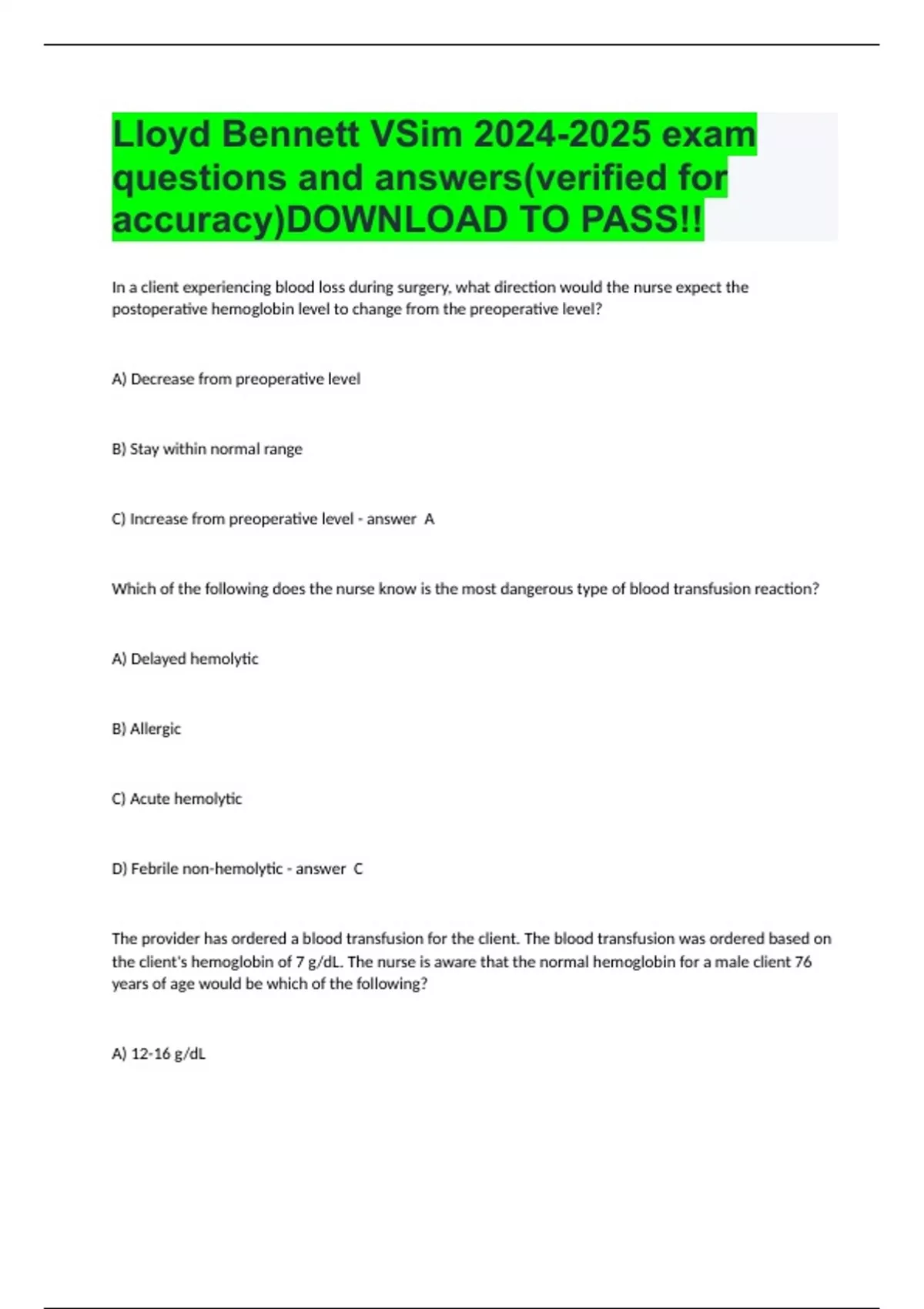 Lloyd Bennett VSim exam questions and answers(verified for accuracy ...