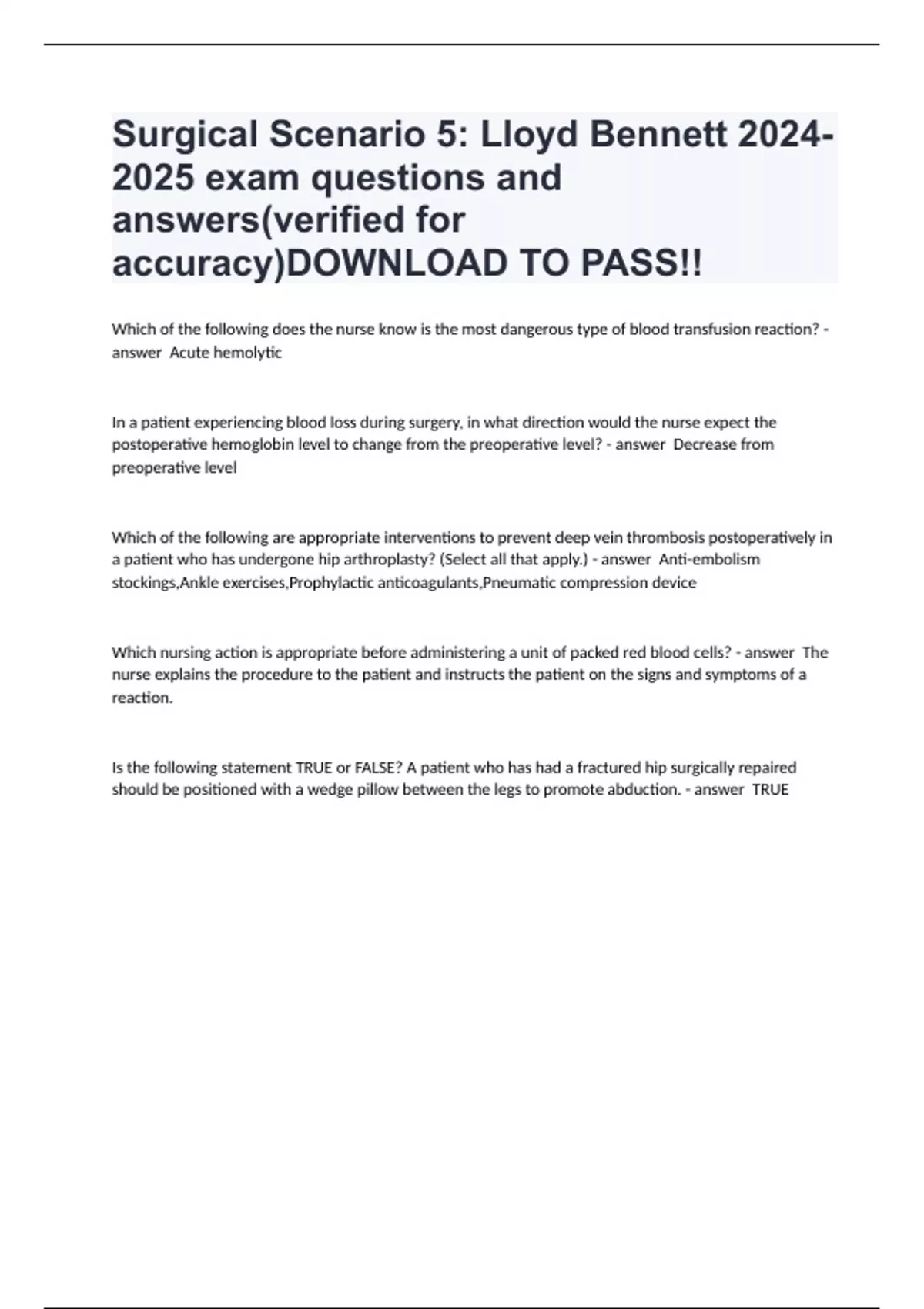 Surgical Scenario 5 Lloyd Bennett exam questions and answers - Lloyd Bennett VSim 2024 - Stuvia US