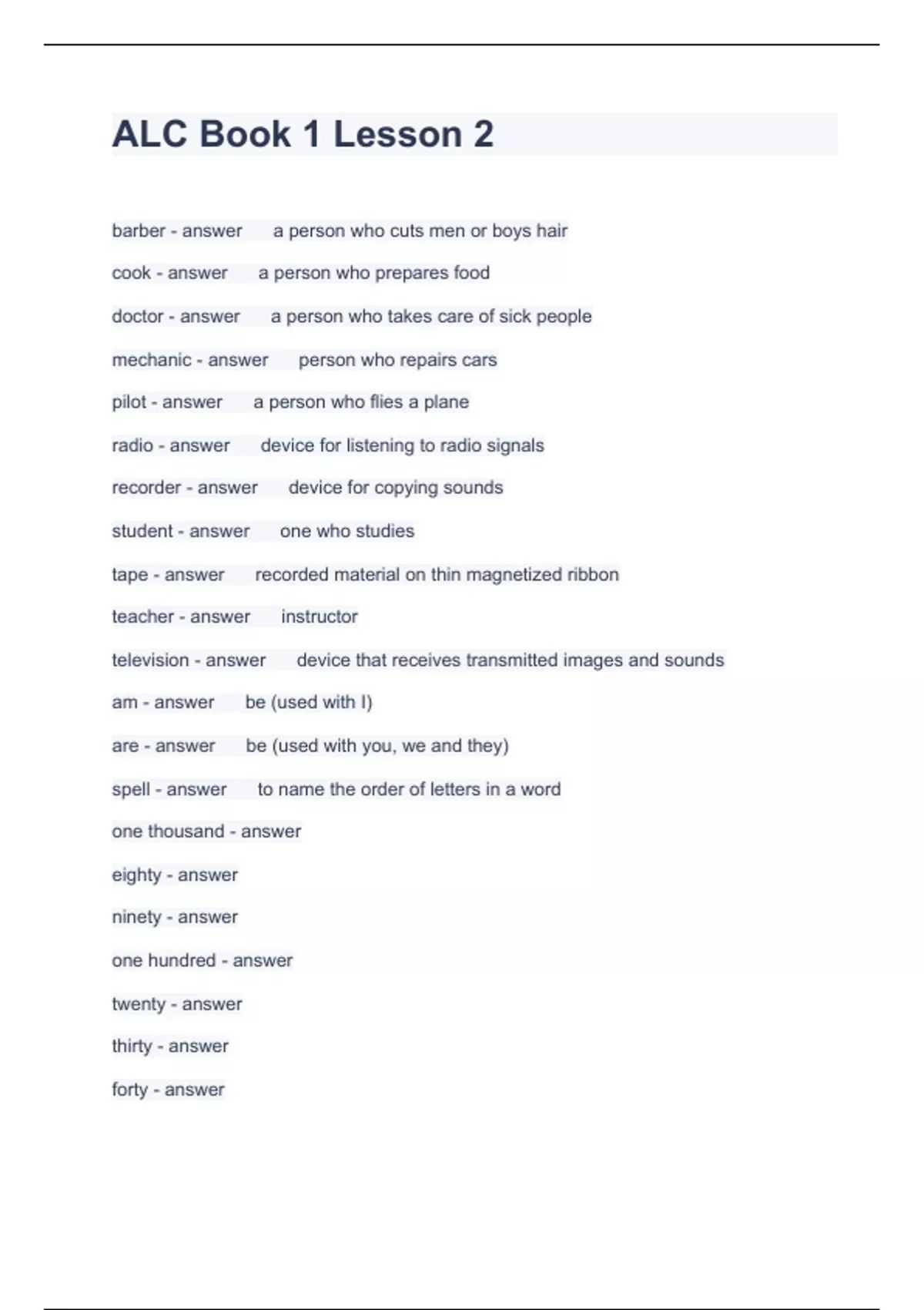 ALC Book 1 Lesson 2 Questions and Answers 2024 - ALC - Stuvia US