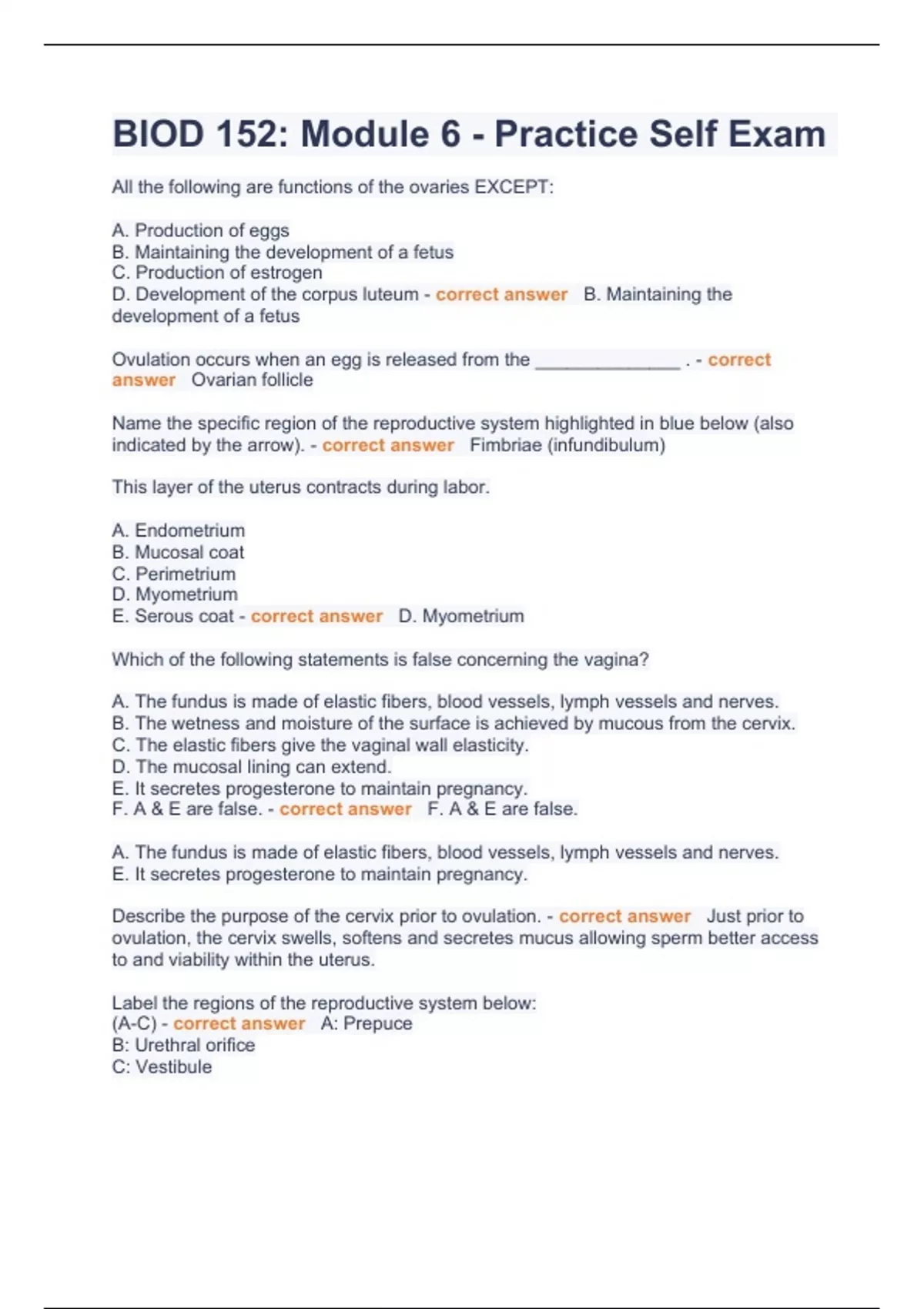 BIOD 152 Reproductive system Module 6 Practice Exam Questions with ...